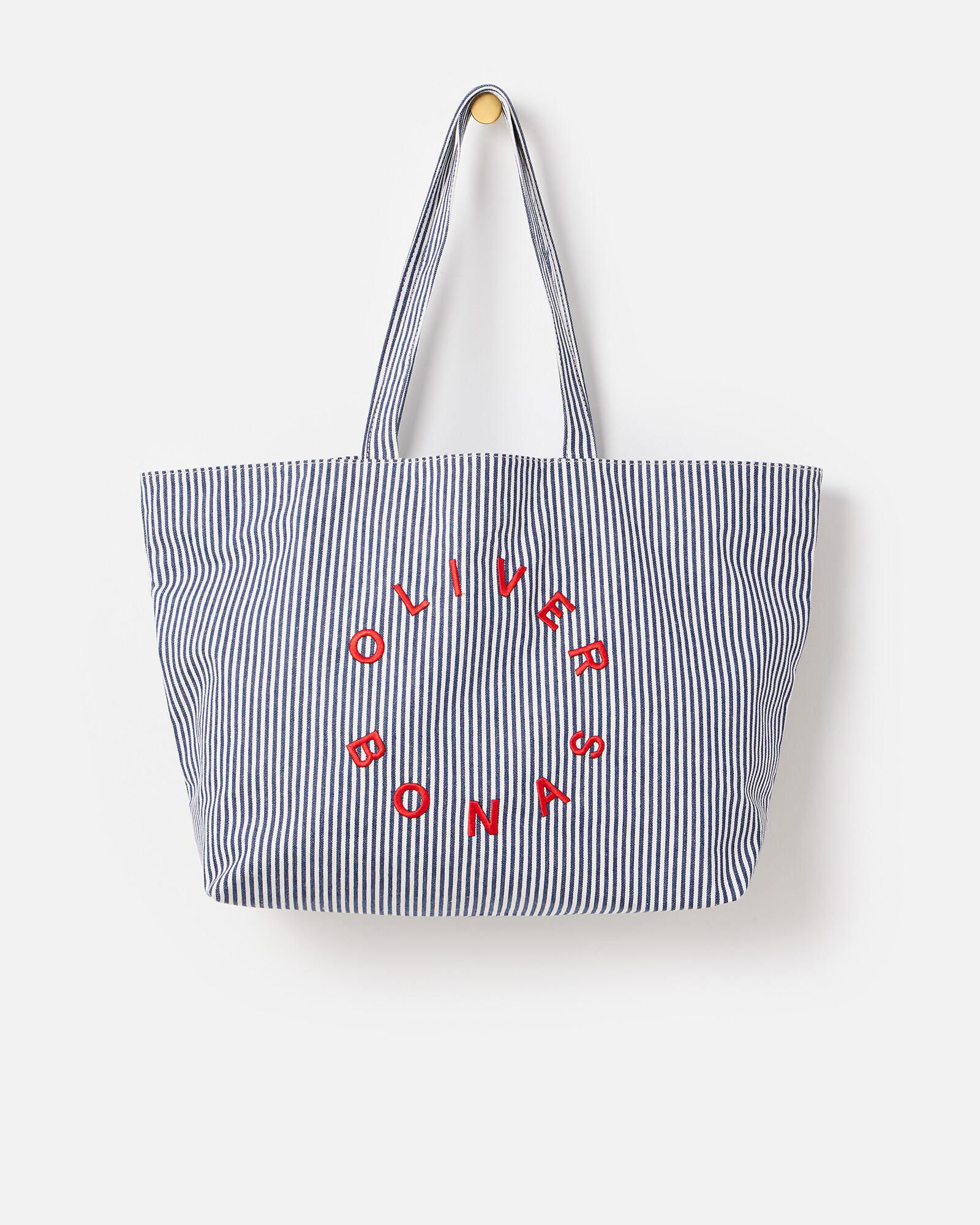 OLIVER BONAS Denim Striped Logo Fabric Tote Shopper Bag in Blue | endource