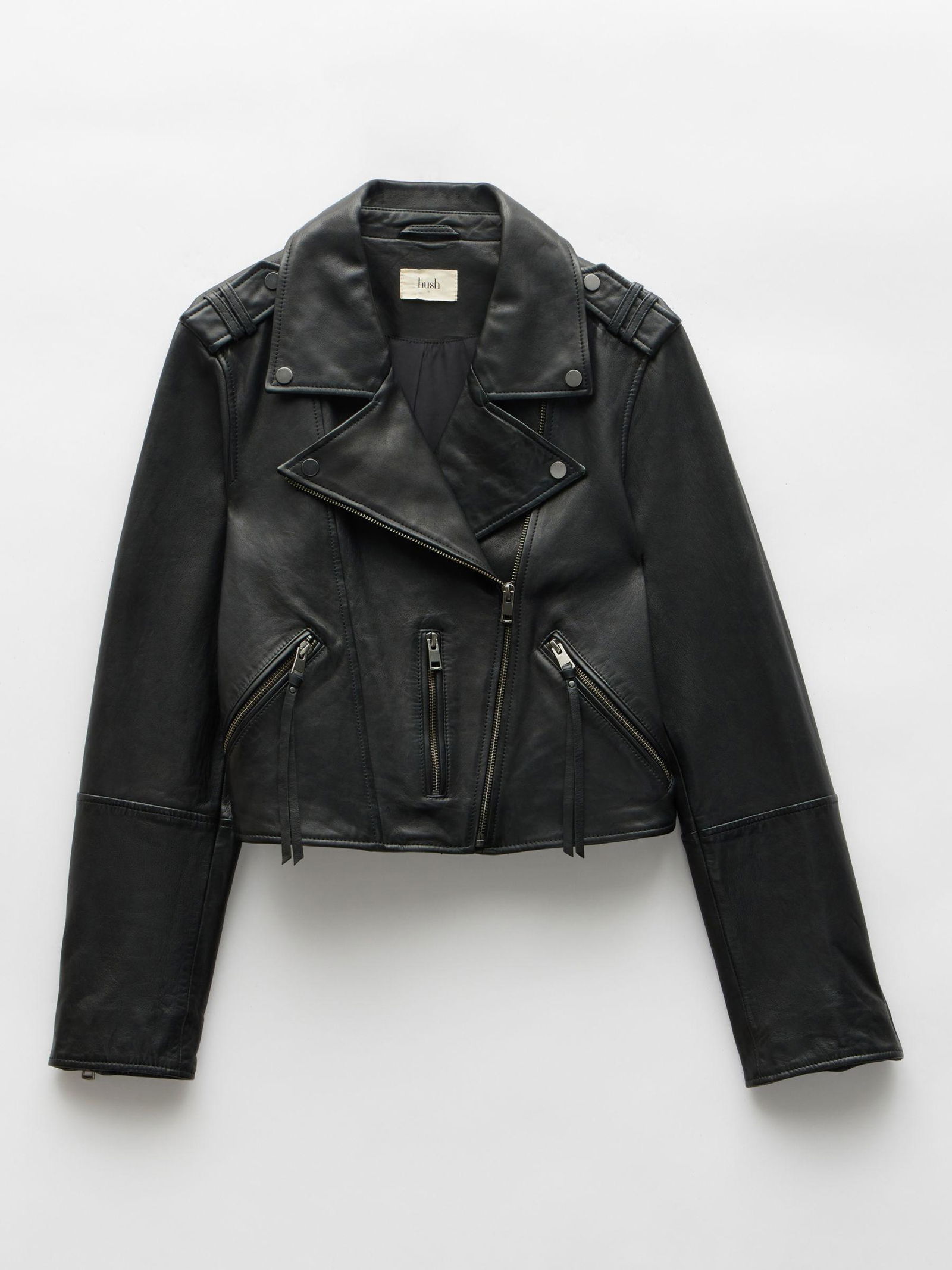 HUSH Jet Cropped Leather Biker Jacket in Black | endource
