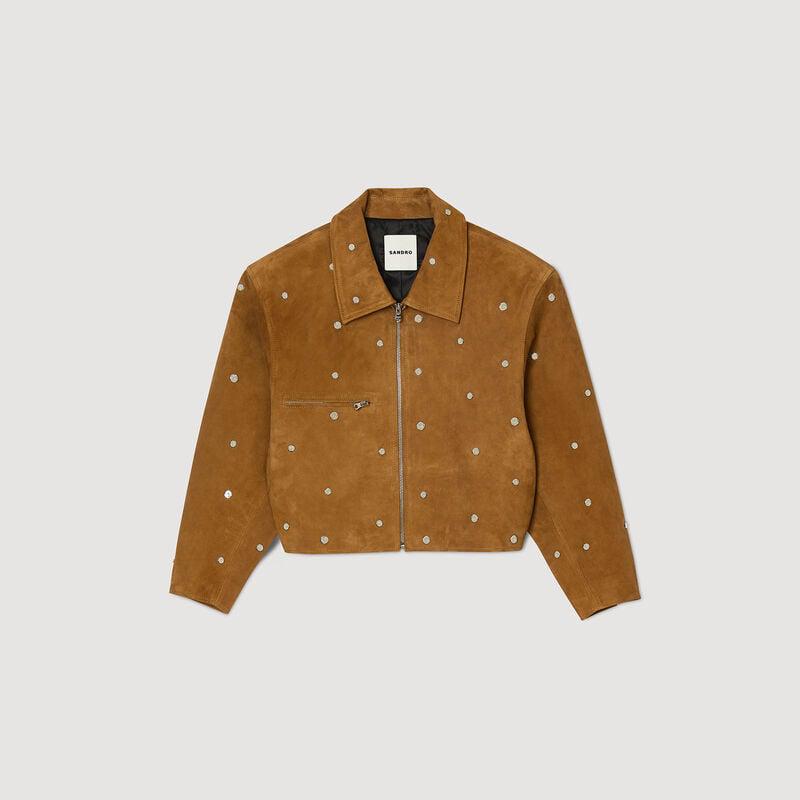 SANDRO Studded Suede Jacket in Camel | endource