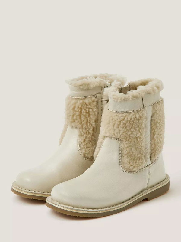 Monsoon Kids' Leather And Borg Winter Boots, Cream | endource