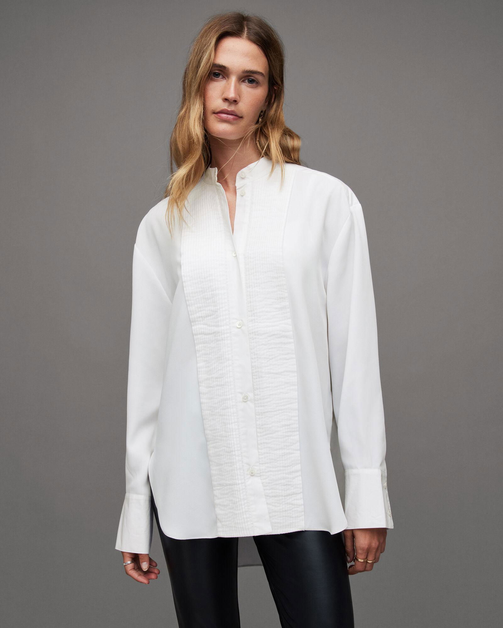 ALLSAINTS Mae Mandarin Collar Relaxed Fit Shirt in Chalk White | Endource
