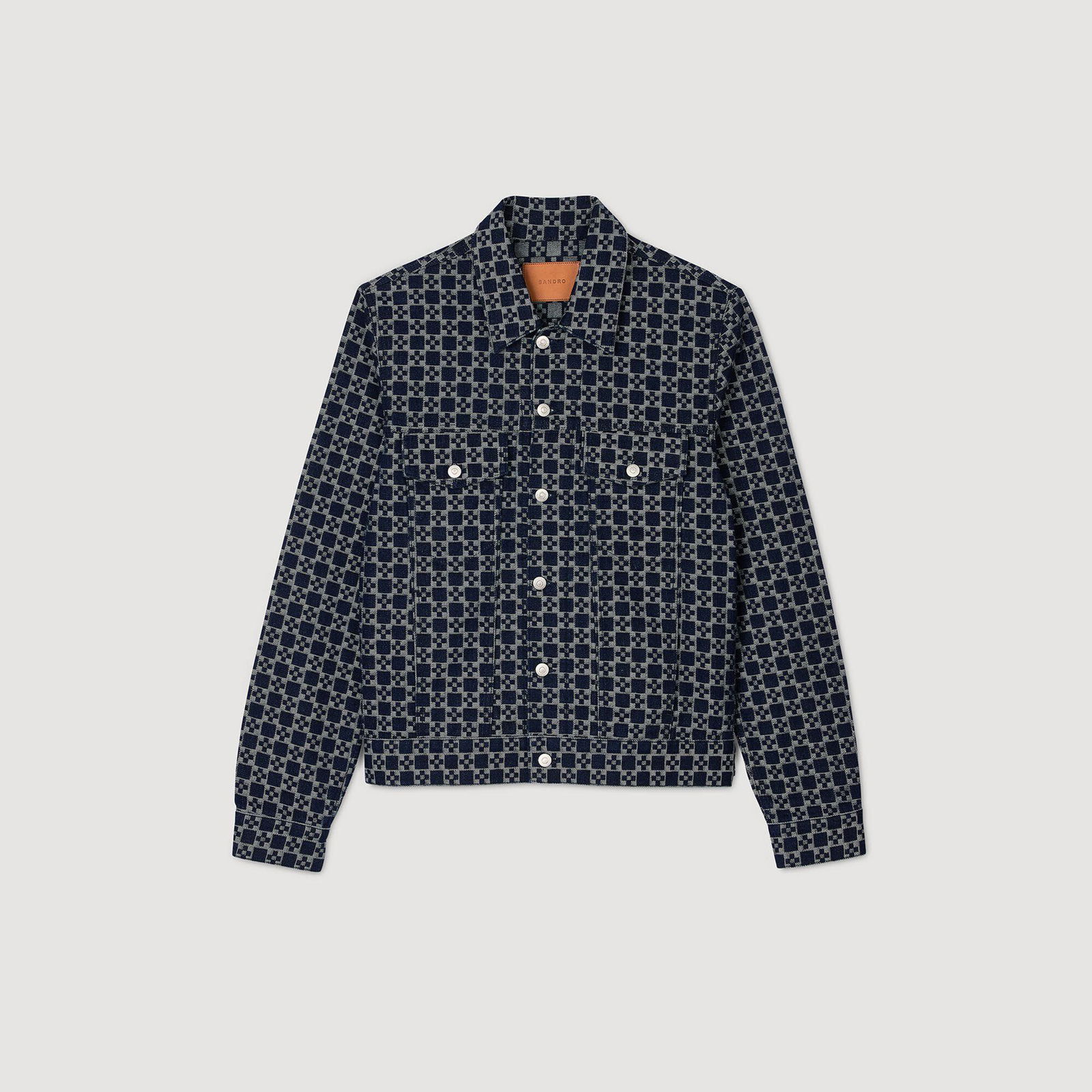 SANDRO Square Cross Denim Jacket in Navy Blue | endource