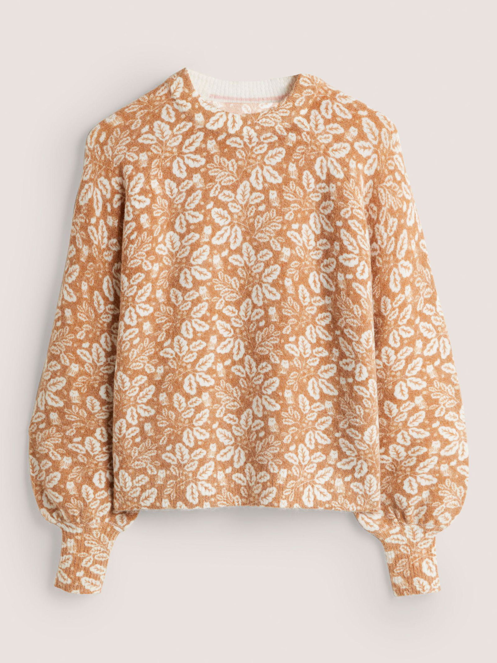 BODEN Acorn Leaf Blouson Sleeve Fluffy Jumper in Brown | endource