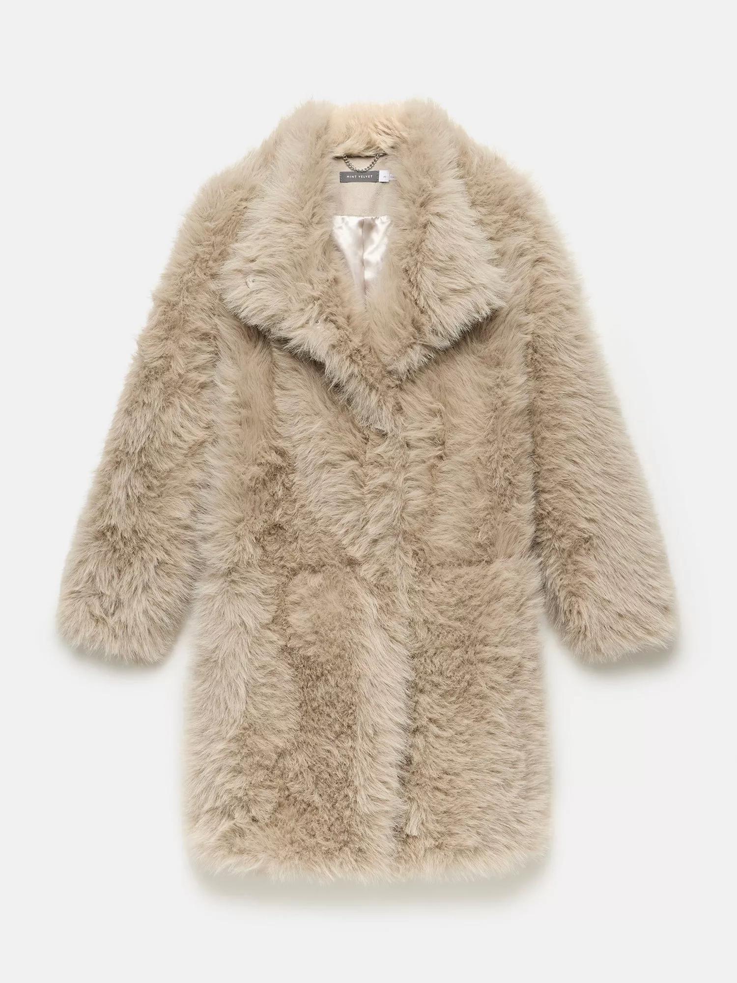 MINT VELVET Longline Faux Fur Coat in Neutral | endource