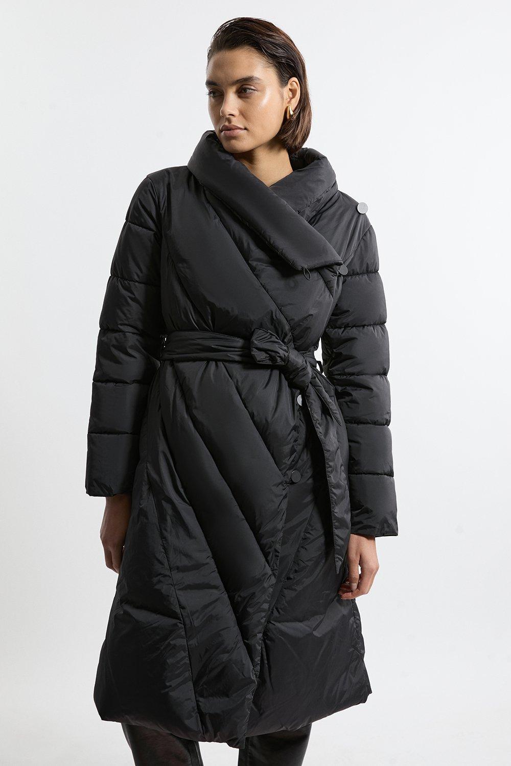 KAREN MILLEN Quilted Padded Wrap Collar Coat in Black | endource