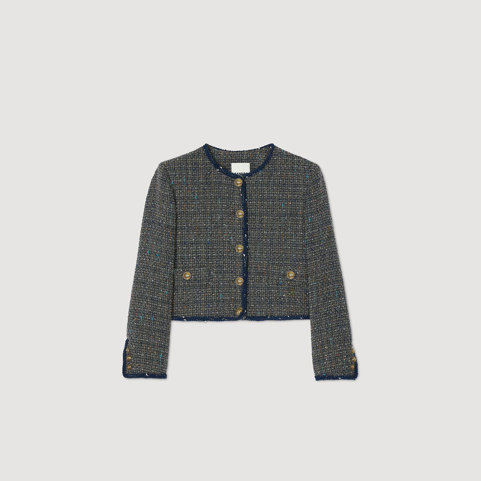 SANDRO Cropped Tweed Jacket in Grey | endource