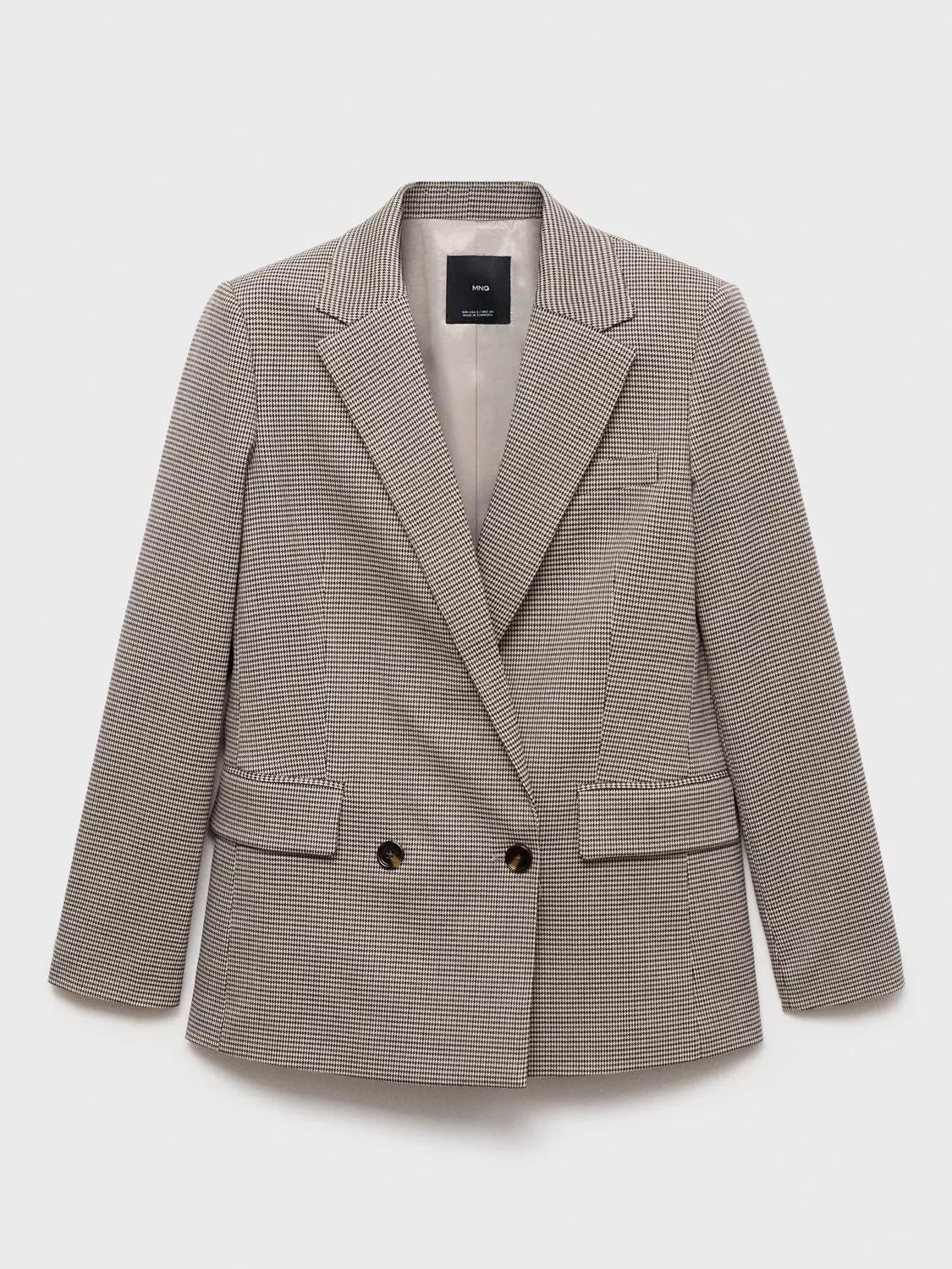 MANGO Dogtooth Double Breasted Blazer in Brown/Multi | endource