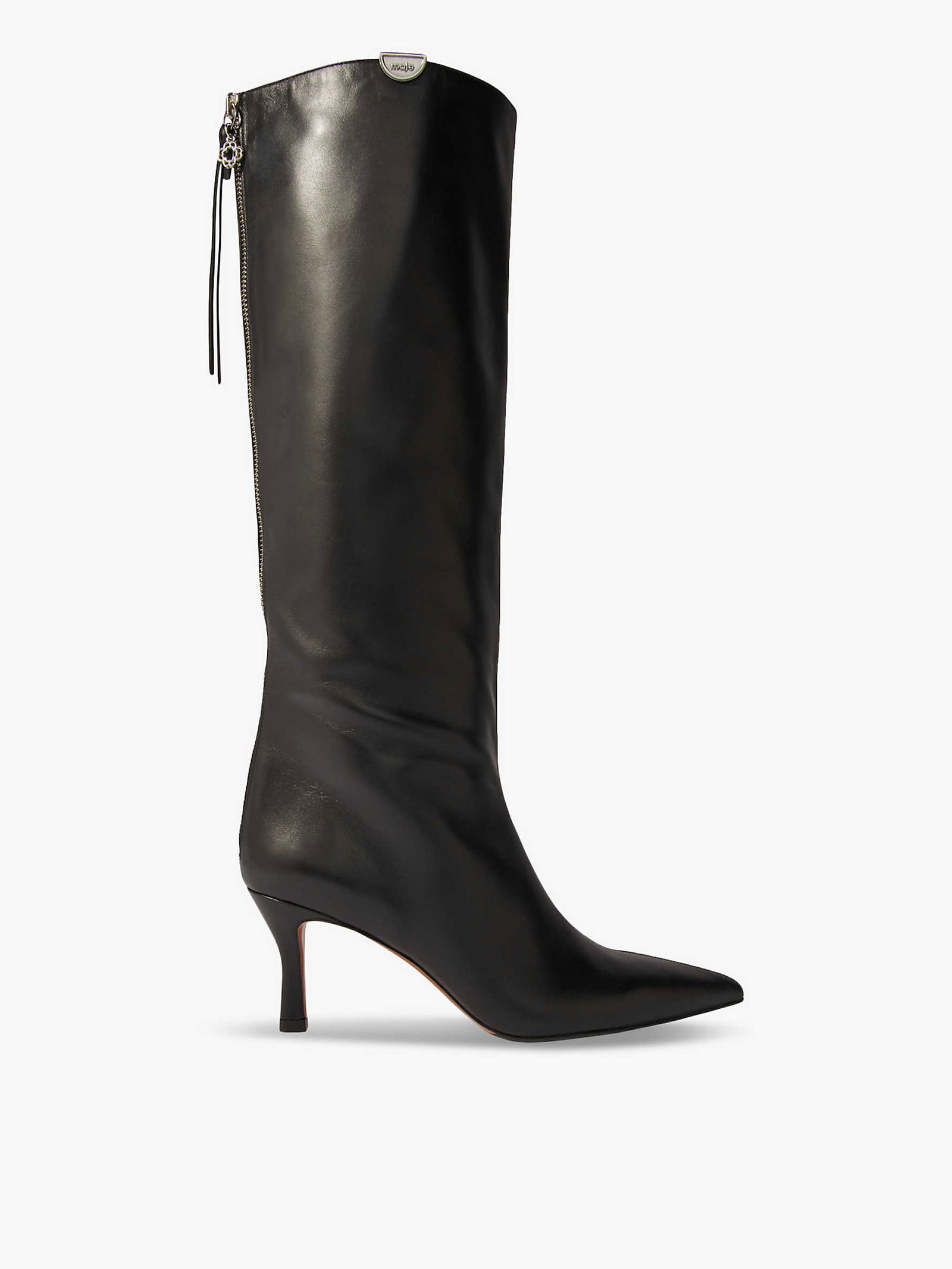 MAJE Logo-Charm Leather Knee-High Boots in Noir / Gris | endource