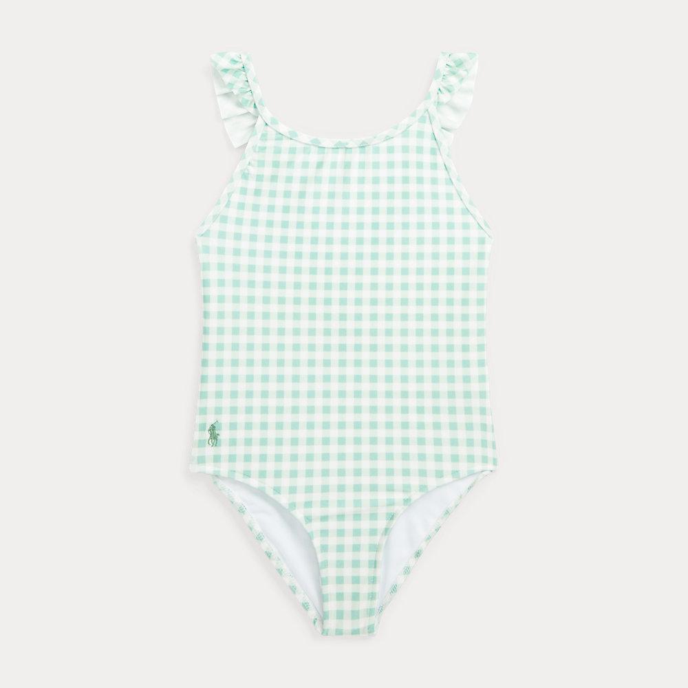 RALPH LAUREN Gingham Ruffled One-Piece Swimsuit in Green | endource