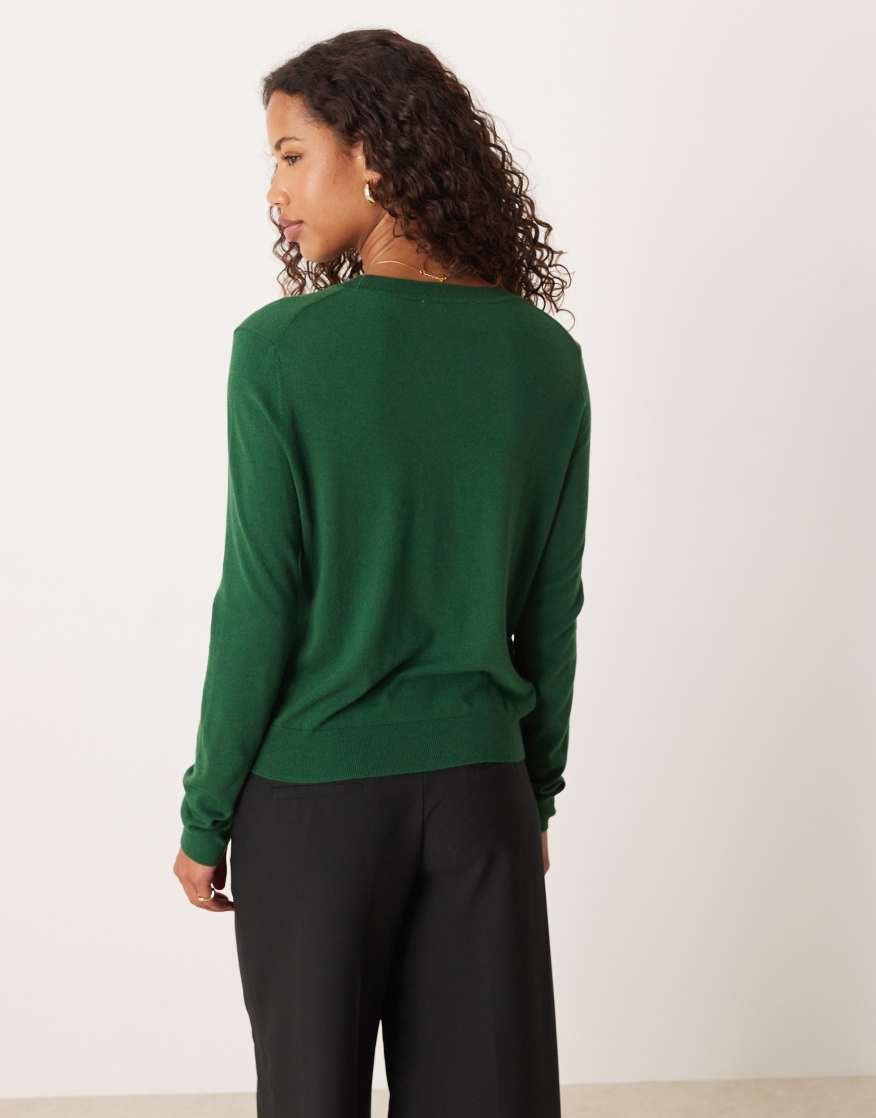 MANGO Round Neck Fine Knitted Top In Dark Green | endource