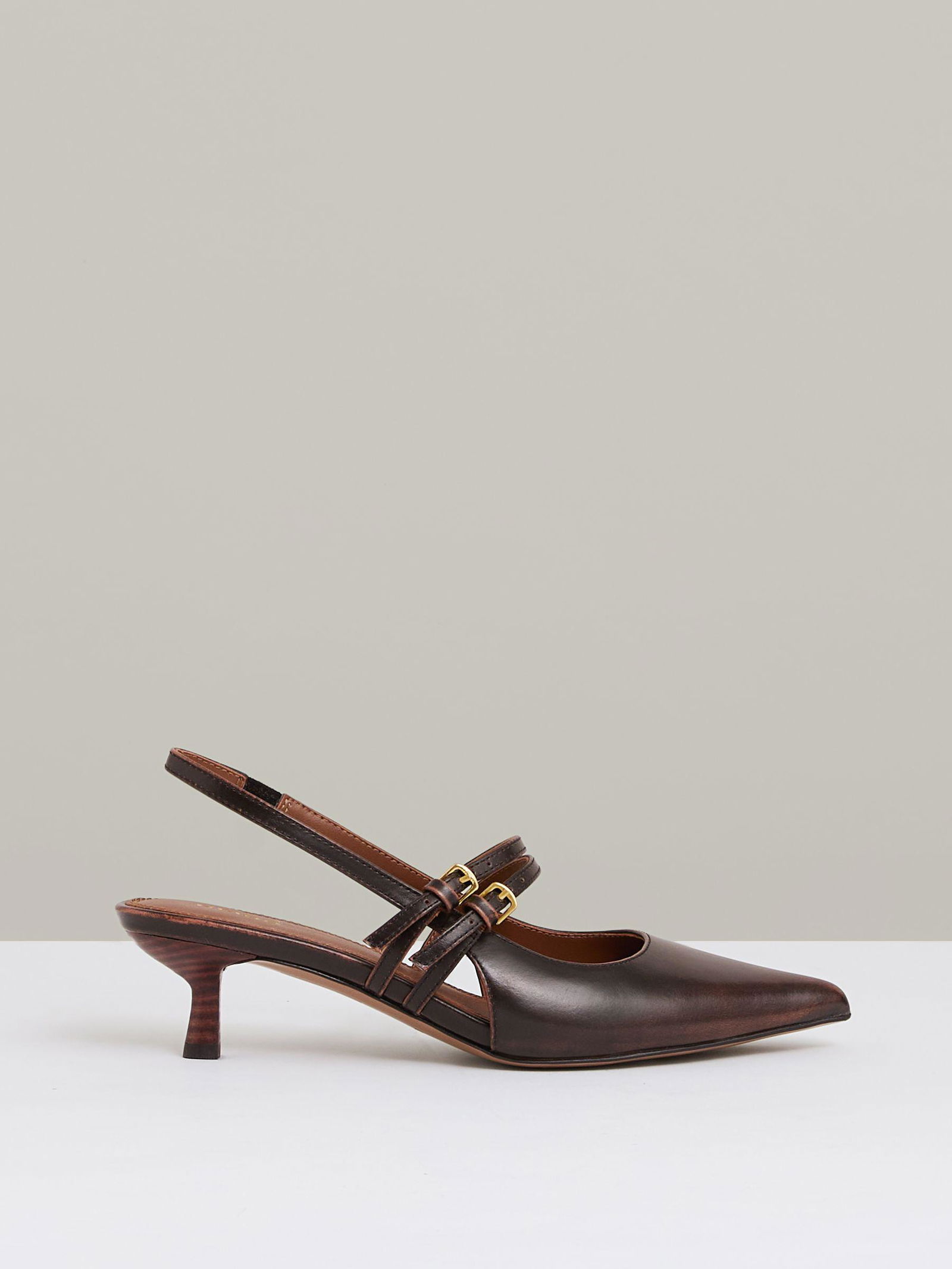 REISS Leather Slingback Buckle Court Shoes in Chocolate | endource