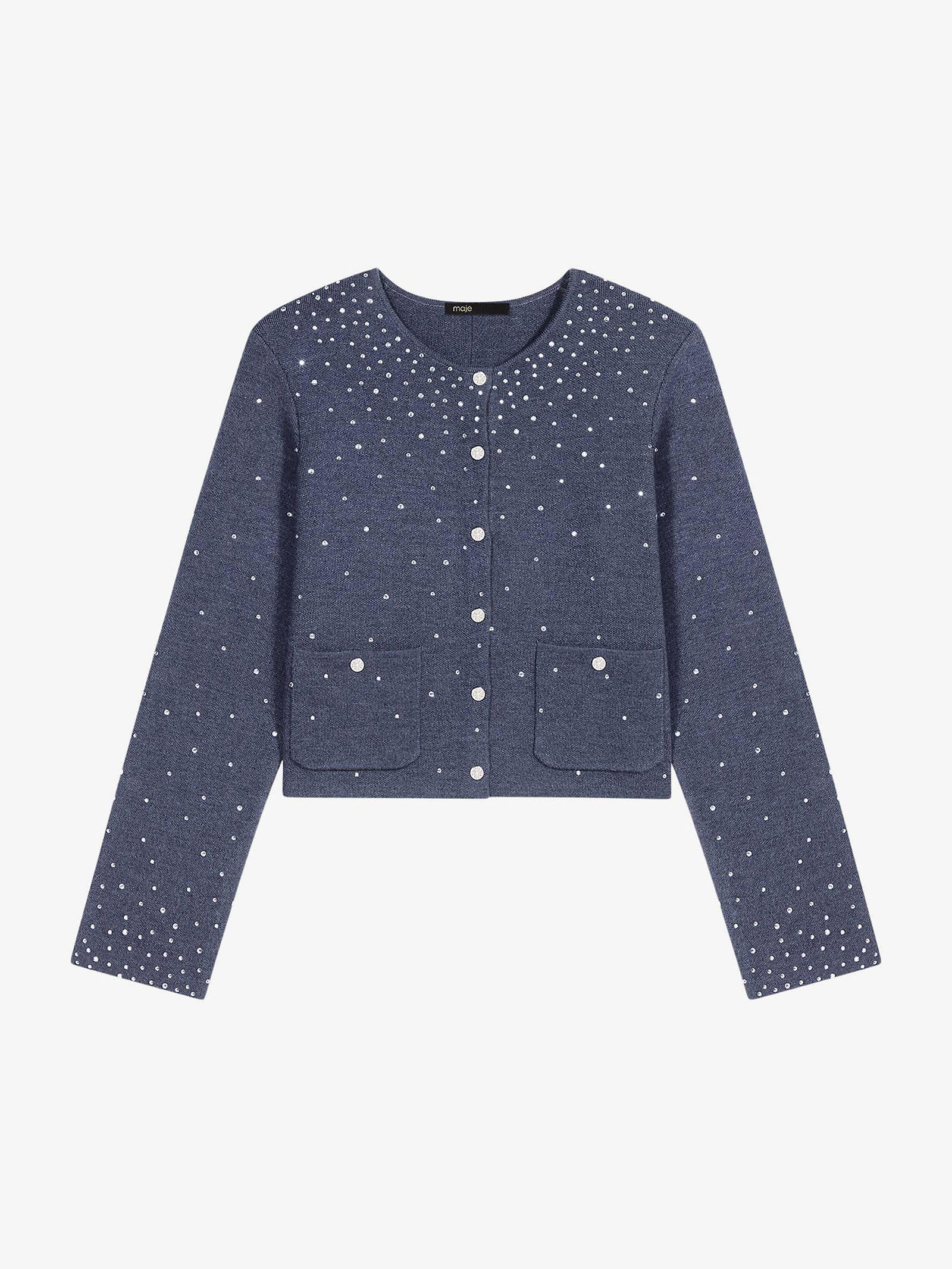 MAJE Rhinestone-Embellished Stretch-Knit Cardigan in NOIR / GRIS | endource