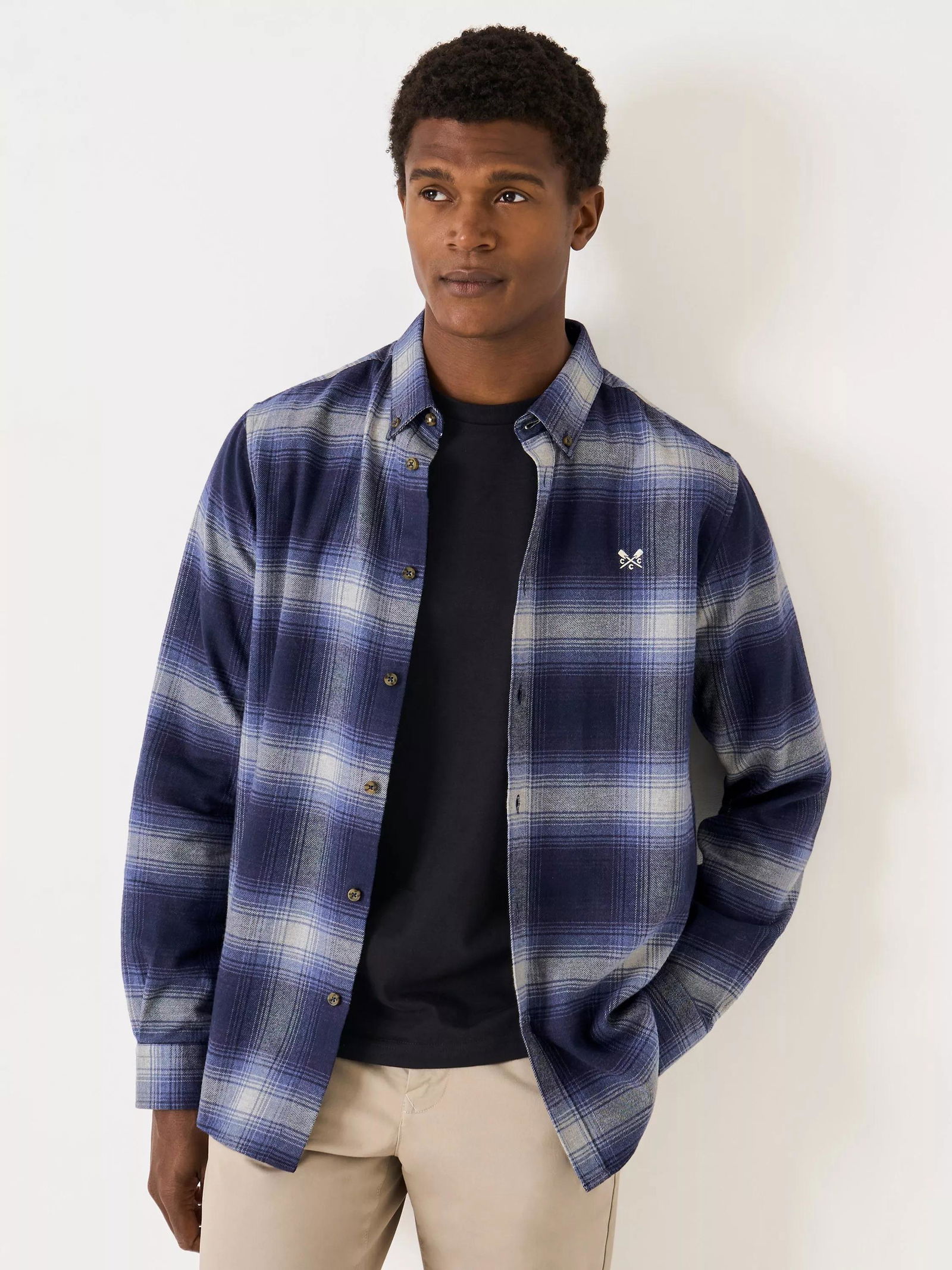 CREW CLOTHING Filey Cotton Regular Fit Check Flannel Shirt, Mid Blue ...