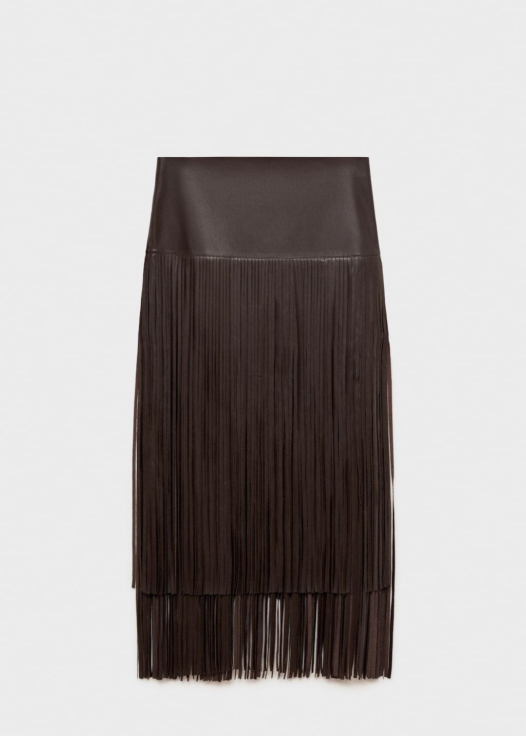 MANGO Leather-Effect Fringed Skirt in Brown | endource