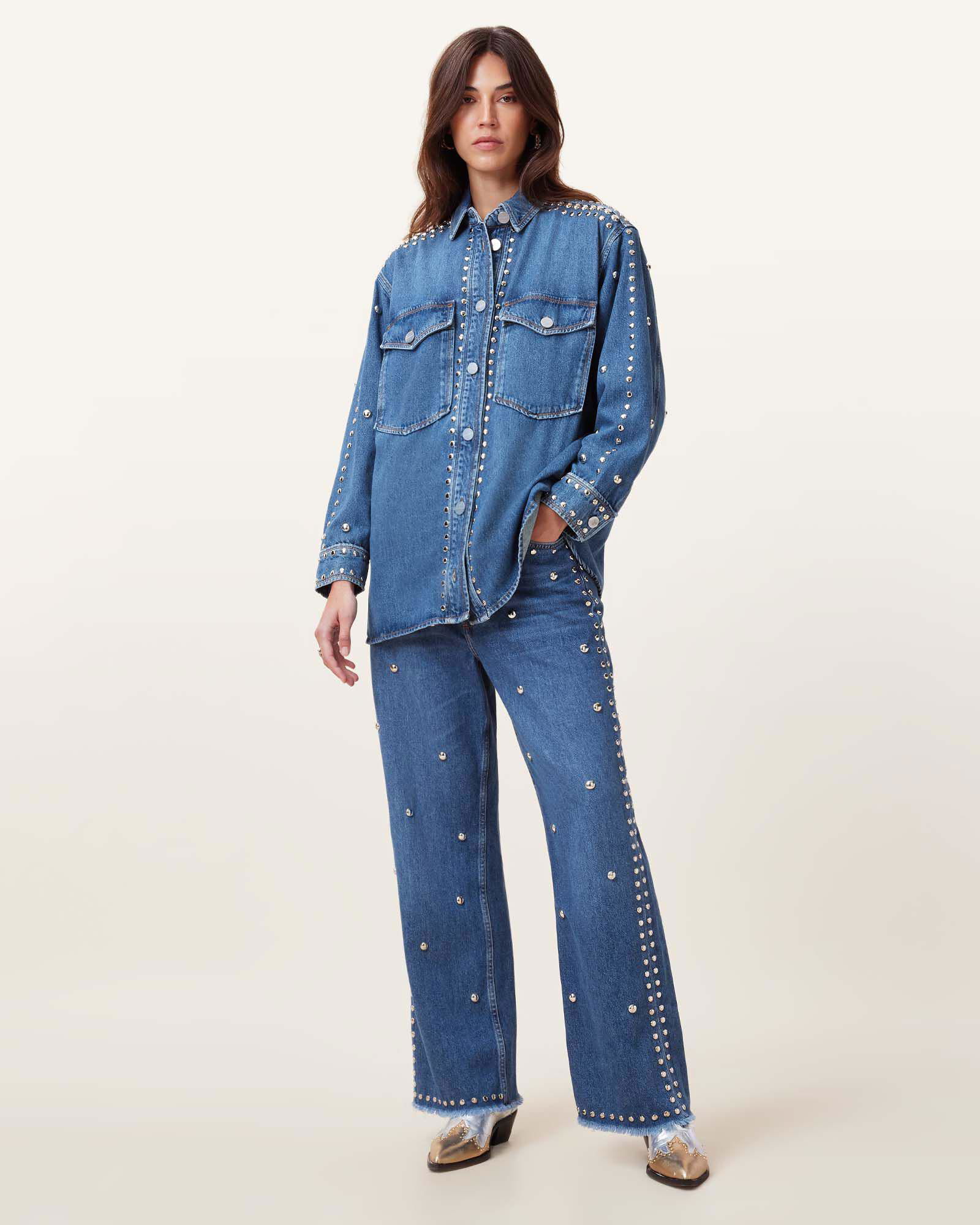 ALLSAINTS Alba Studded Oversized Denim Shirt in Mid Indigo | endource