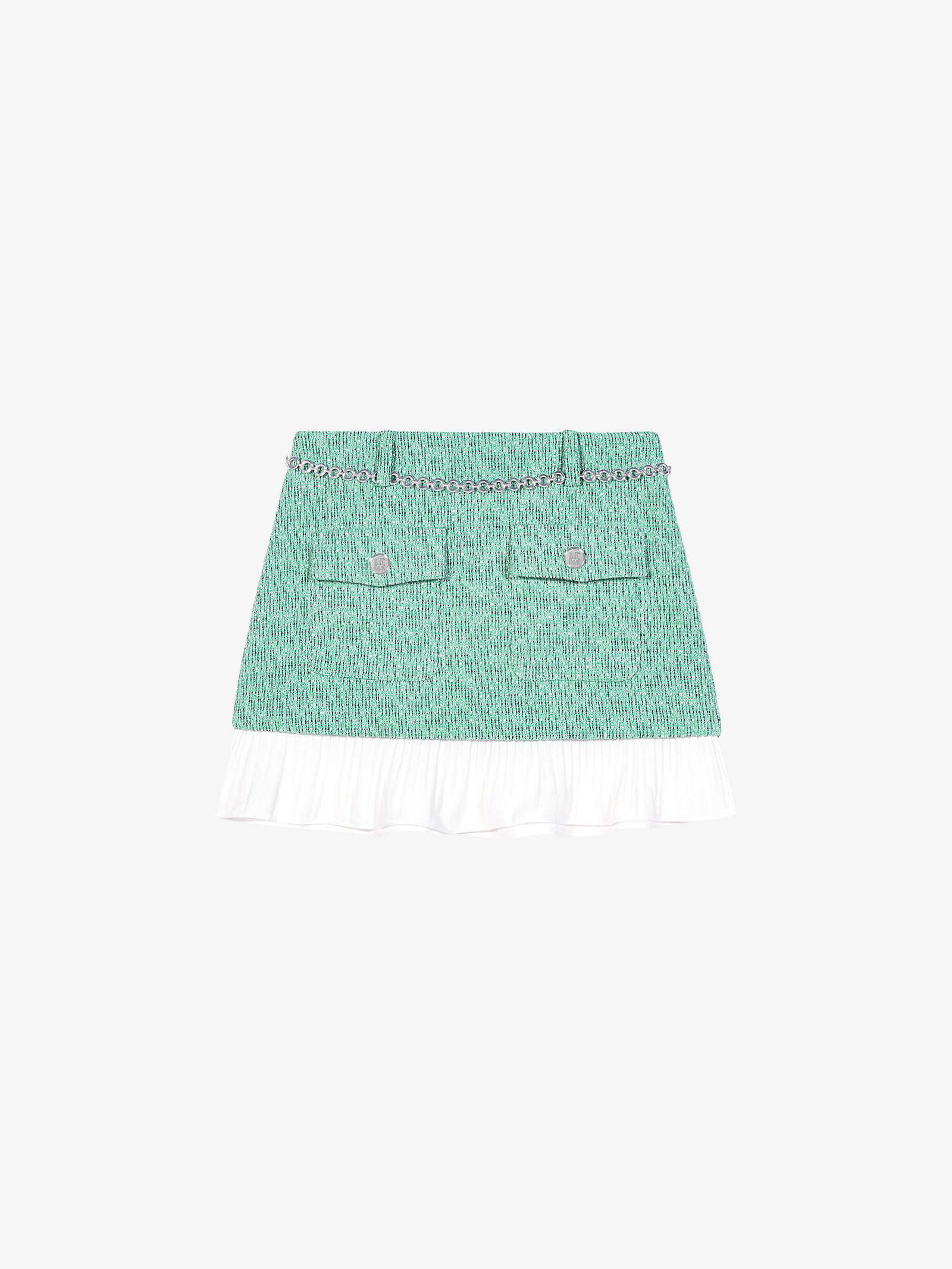 MAJE Chain-Embellished Tweed Mini Skirt in Verts | Endource