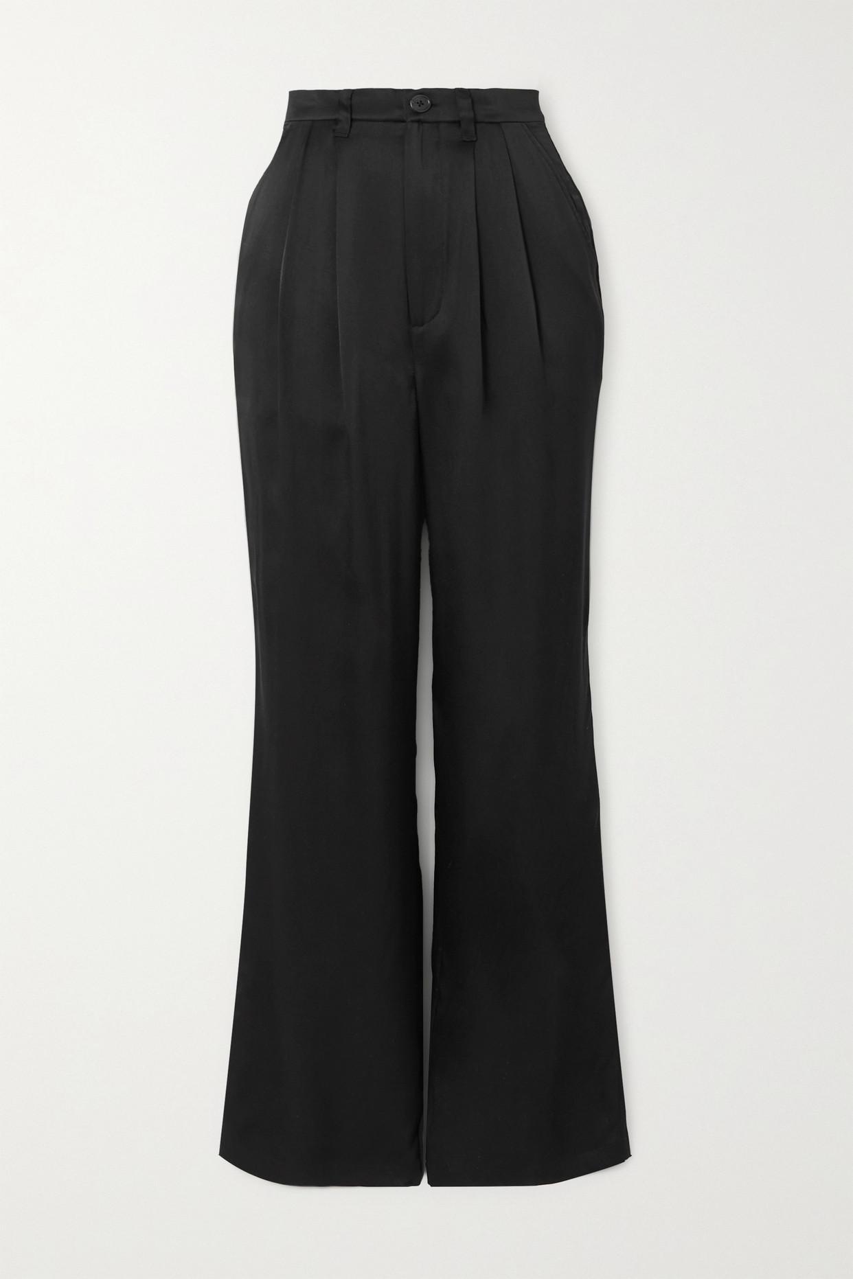 ANINE BING Carrie Pleated Silk-Charmeuse Straight-Leg Pants in Black ...