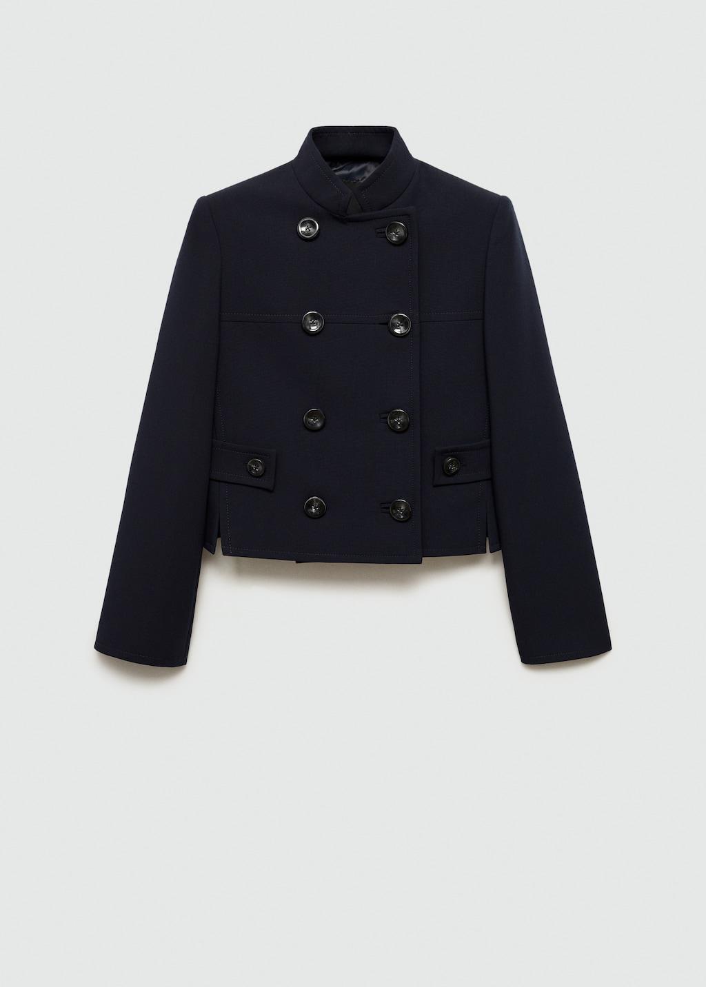 MANGO Double-Breasted Cropped Jacket in Dark Navy | endource