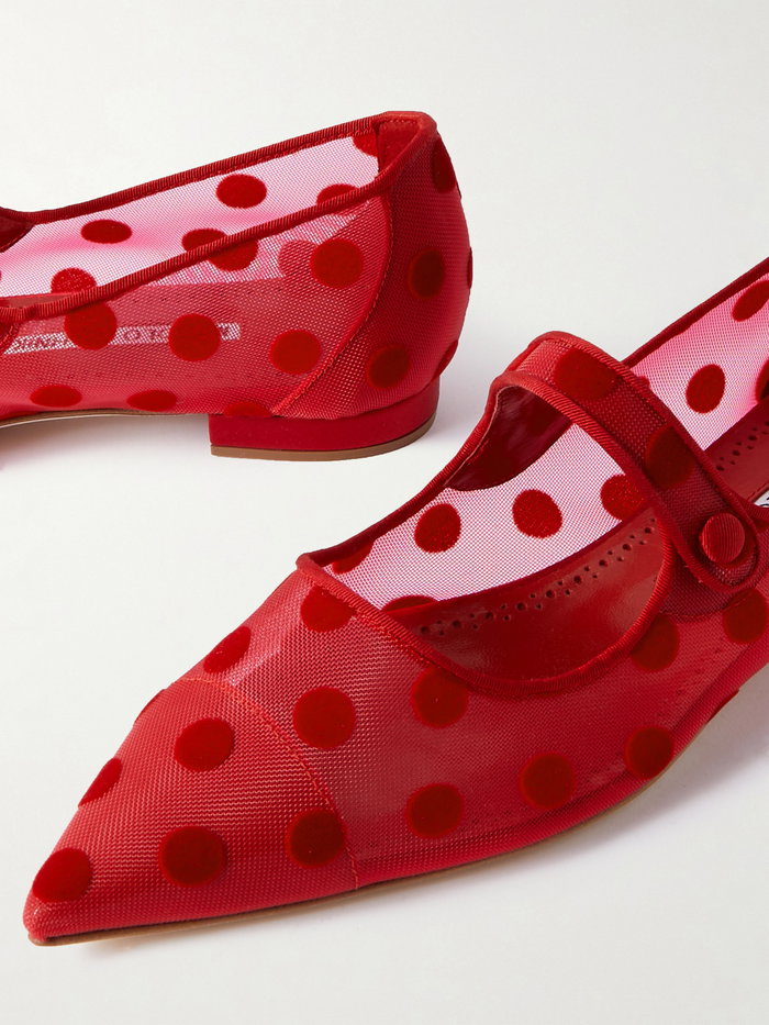 Manolo Blahnik Campari Grosgrain-trimmed Flocked Mesh Ballet Flats ...