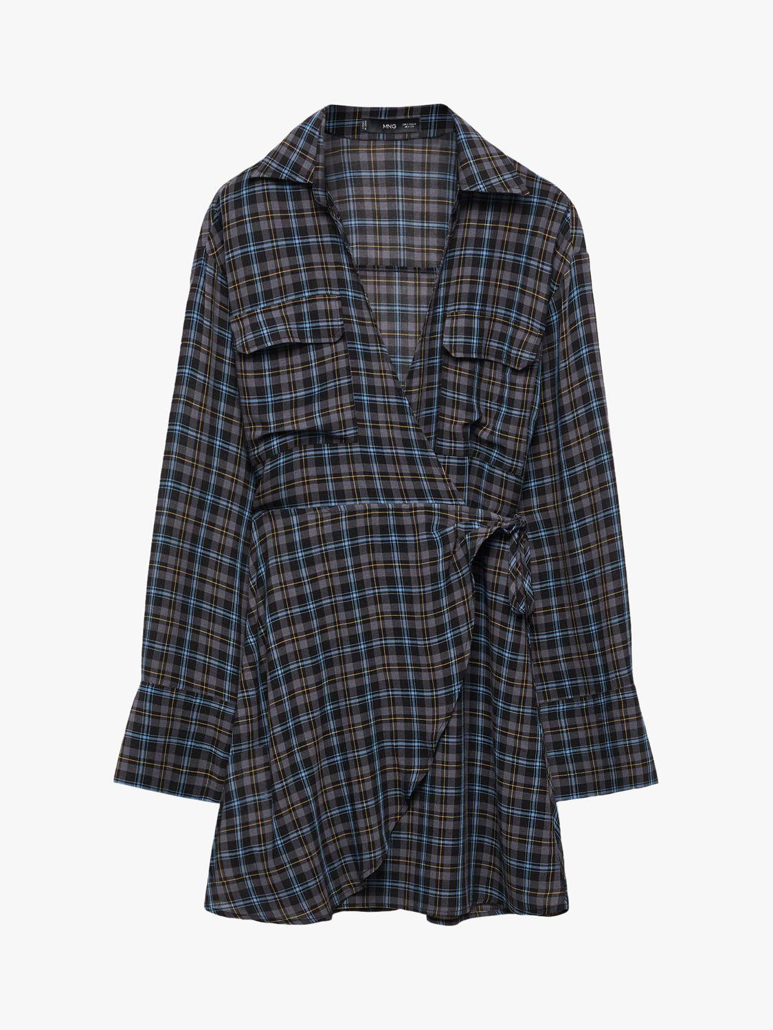 MANGO Maria Check Wool Blend Mini Wrap Dress in Medium Blue | Endource