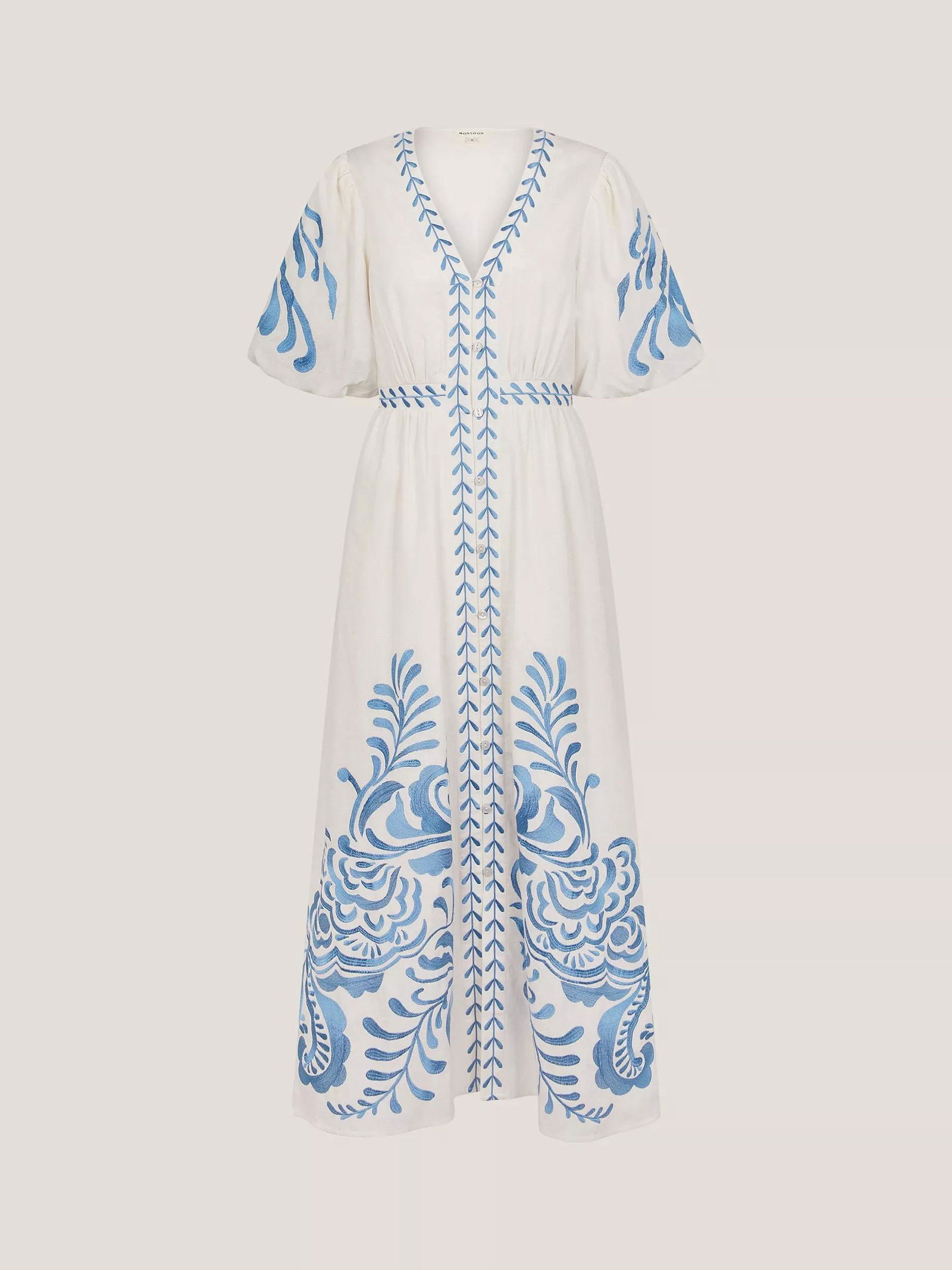 Monsoon Maria Embroidered Puff Sleeve Midi Dress in White/Blue | endource