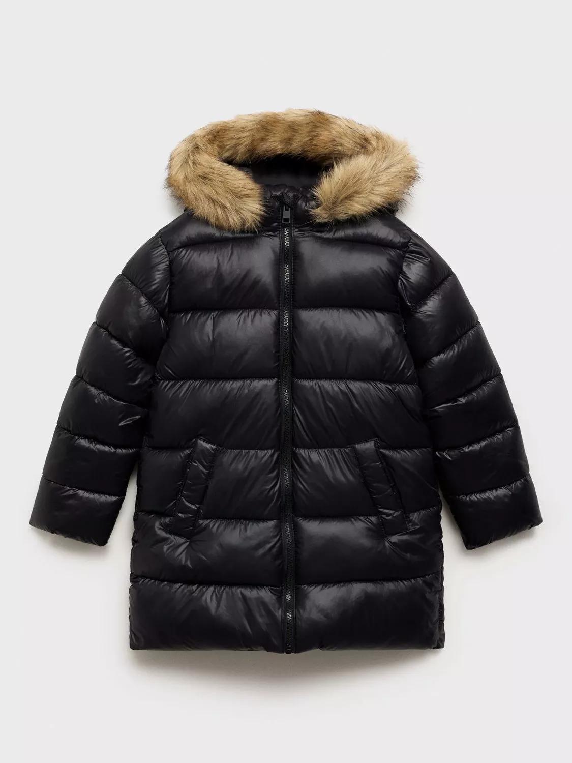 MANGO Cinia Faux Fur Trim Hooded Quilted Jacket in Black | endource
