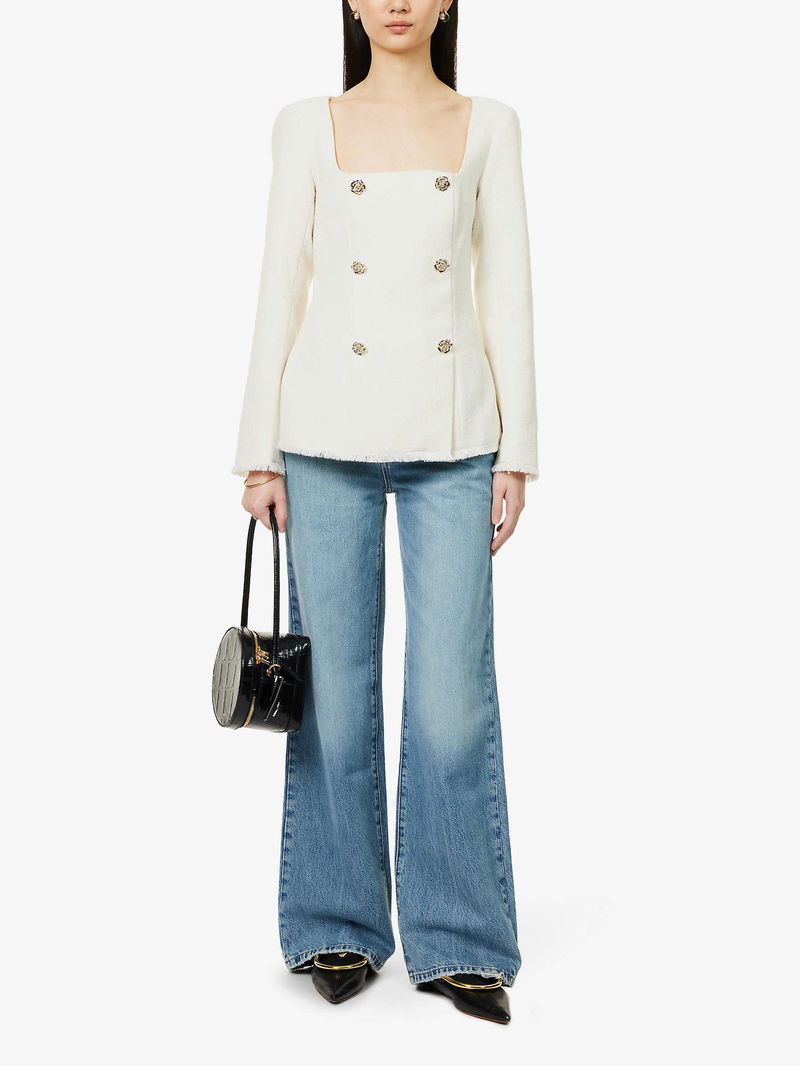 REFORMATION Colleen Square-Neck Tweed Top in IVORY | Endource