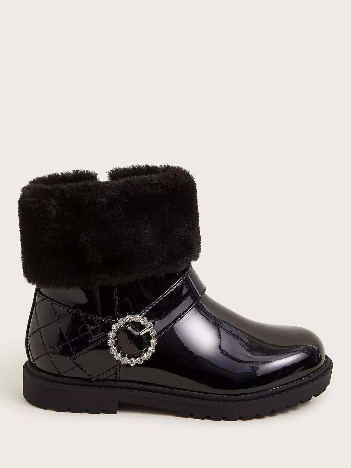 Monsoon Patent Faux Fur Boots in Black | endource