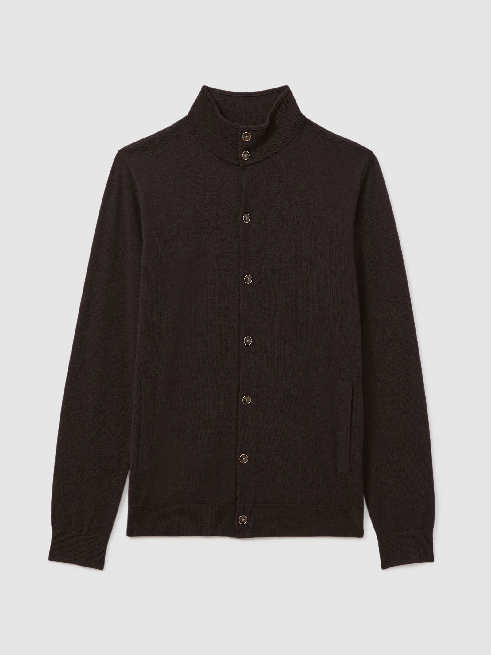 REISS Merino Wool Button-Through Funnel Neck Cardigan in Coco Brown ...