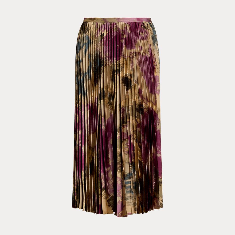 LAUREN RALPH LAUREN Floral Pleated Satin Charmeuse Skirt in Tan | endource