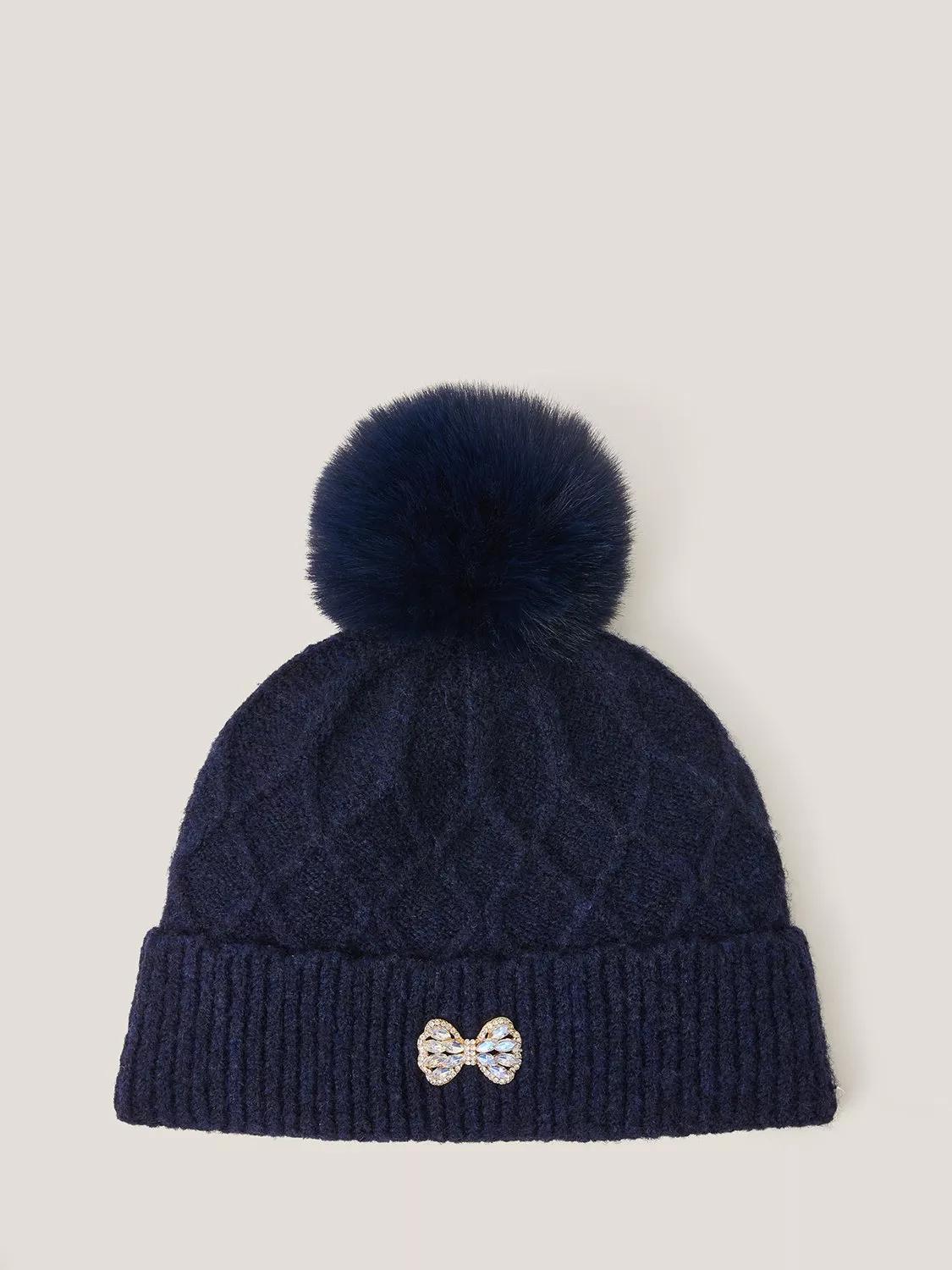 Monsoon Kids' Diamond Bow Pom Pom Beanie Hat, Navy | endource