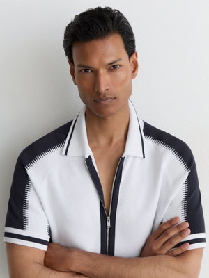 REISS Kenley Colour-Block Zip-Through Knit Shirt In Optic White/Navy ...