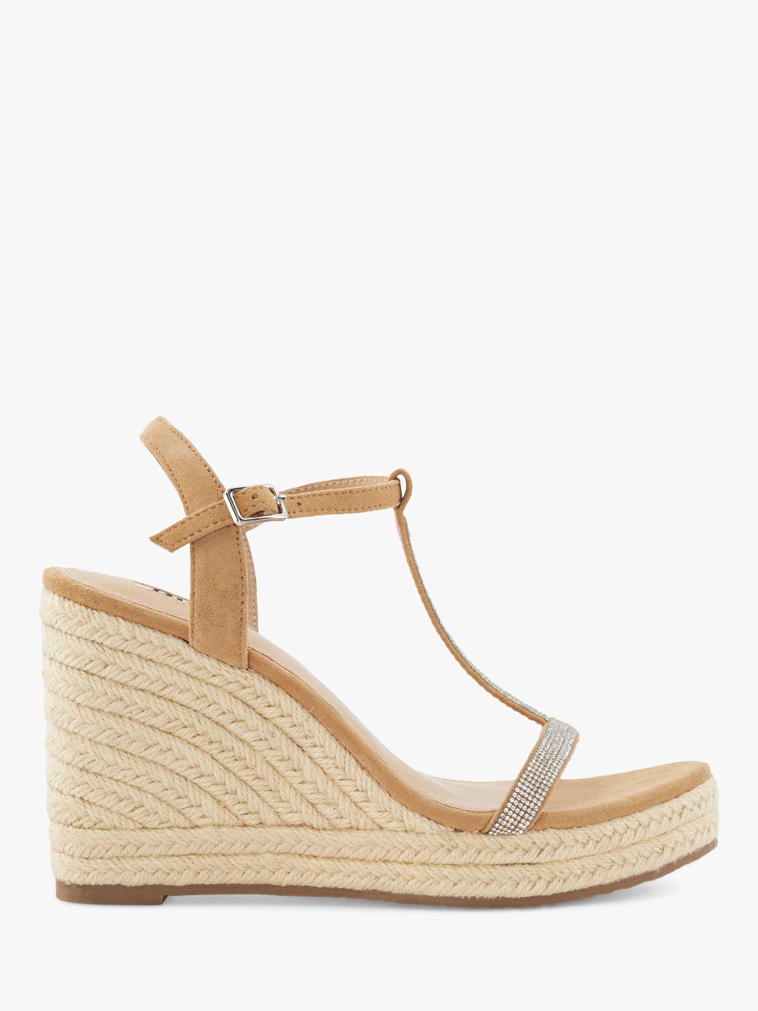 DUNE Kitten Suede Embellished T-Bar Wedge Sandals in Camel-suede | endource