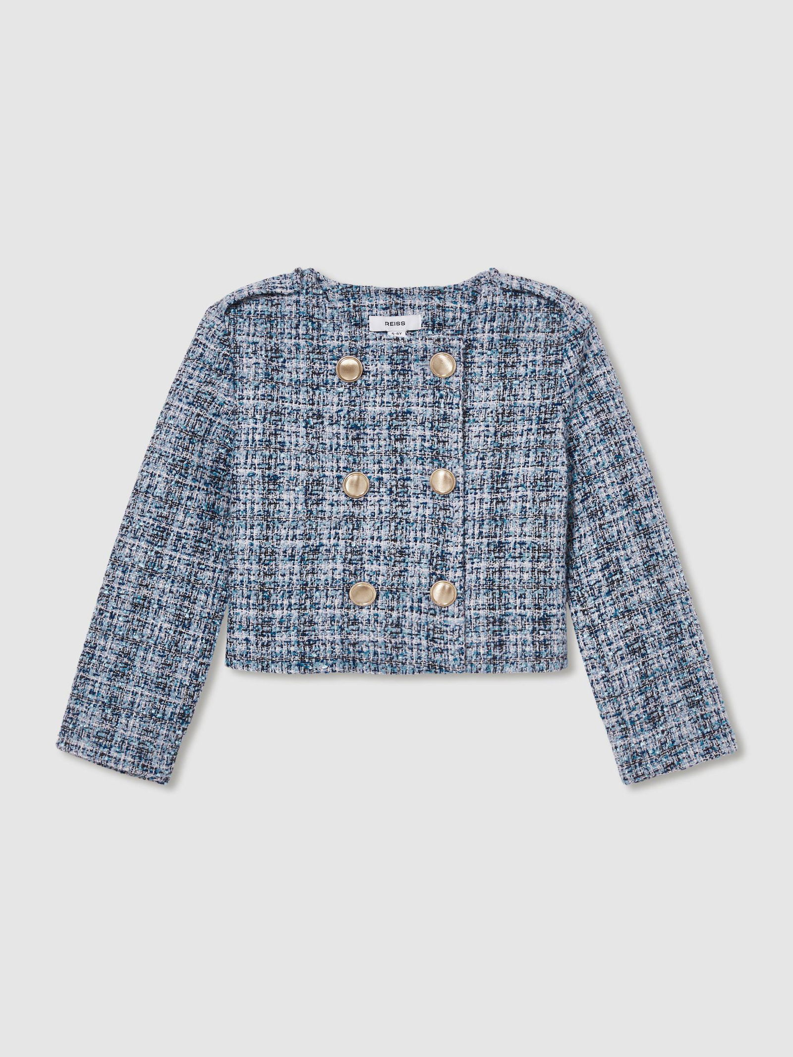 REISS Double-Breasted Bouclé Jacket in Blue | endource