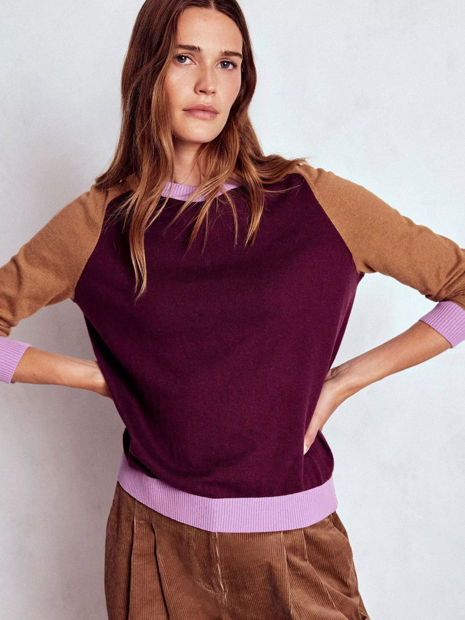 BODEN Meg Colour Block Raglan Sleeve Jumper, Purple/Multi | endource