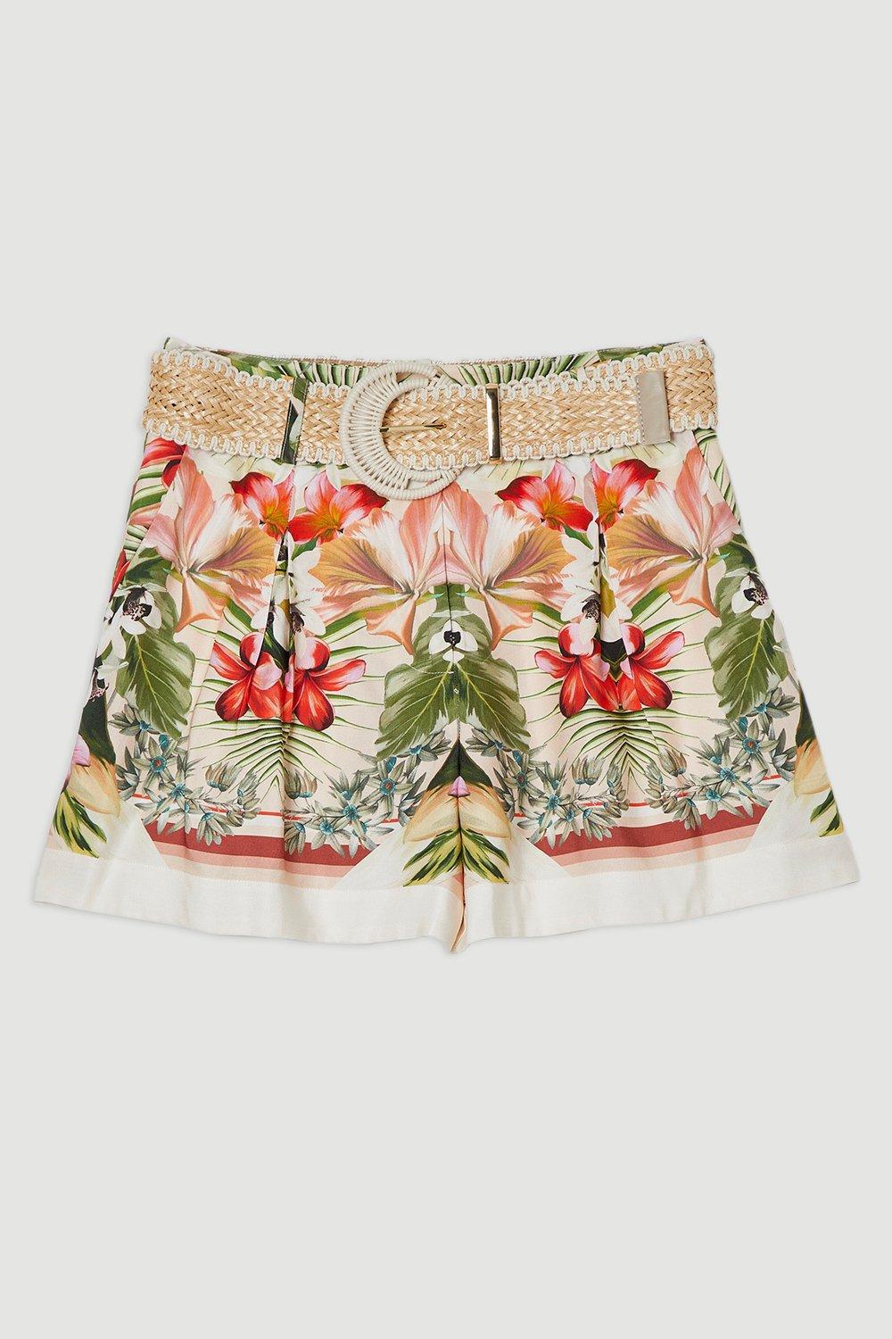 KAREN MILLEN Mirrored Viscose Linen Floral Print With Raffia Belt Woven ...