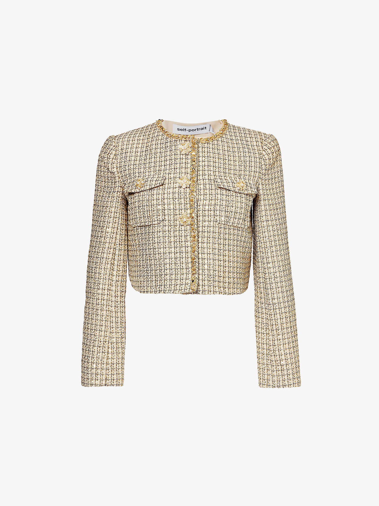 SELF-PORTRAIT Cropped Padded-Shoulder Jacket in GOLD | endource