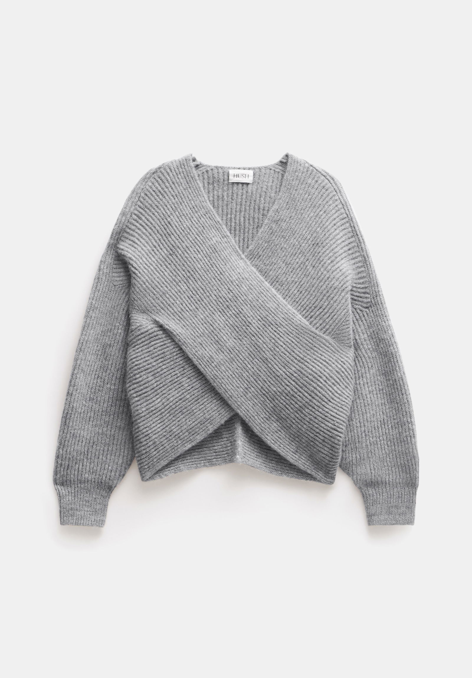 HUSH Betty Fluffy Cross Front Jumper in Mid Grey Marl | endource