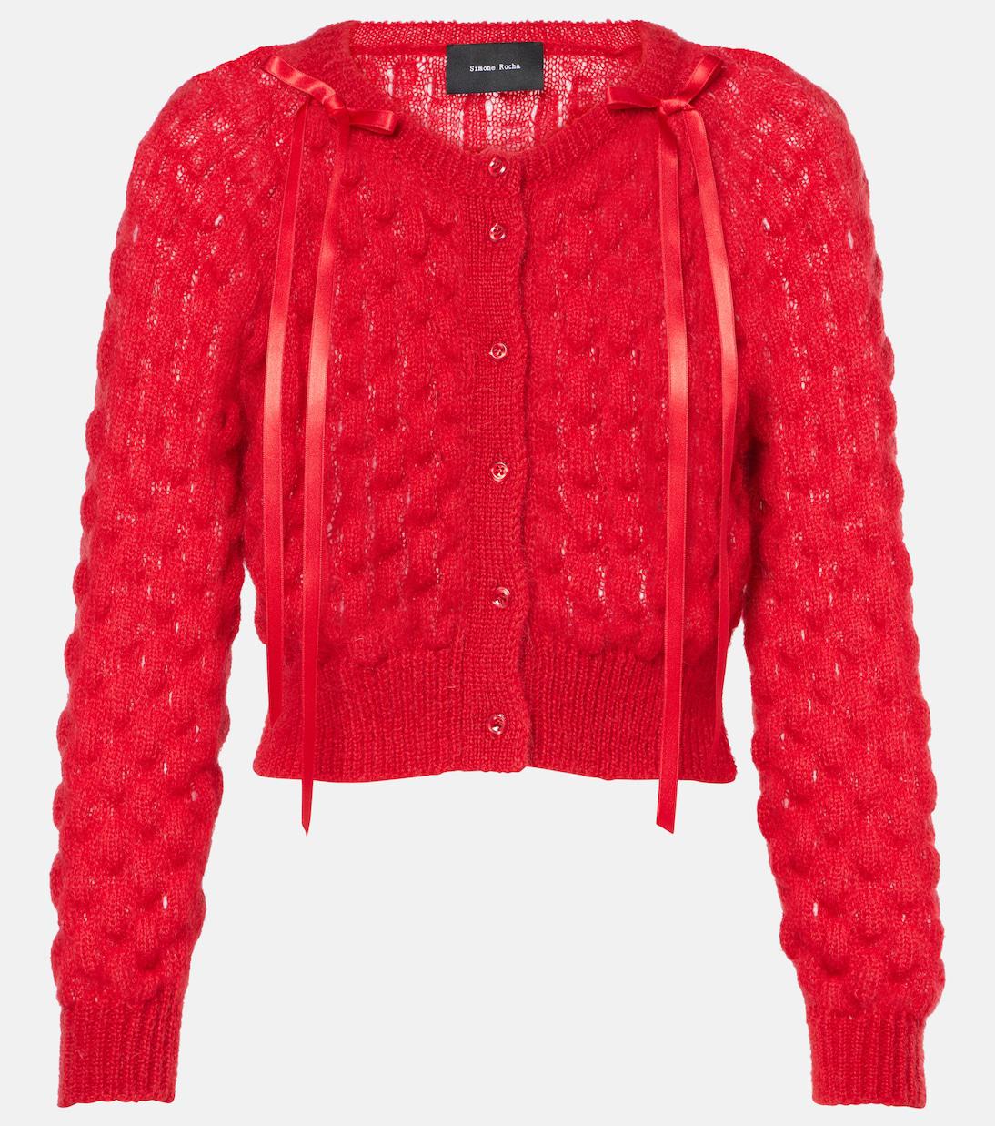 SIMONE ROCHA Bow-Setail Open-Knit Wool-Blend Cardigan in Red | endource