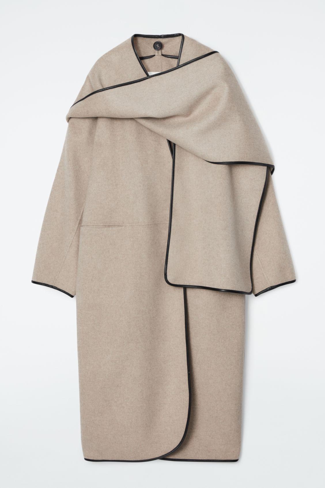 COS Leather-Trimmed Wool Scarf Coat in BEIGE | endource