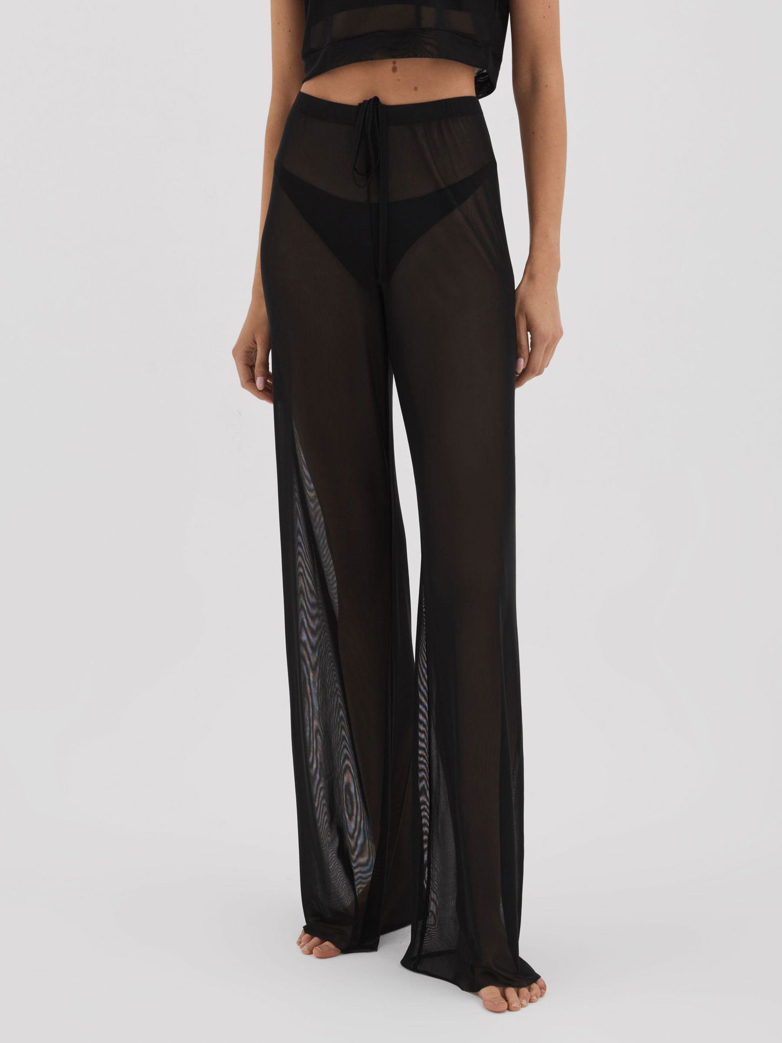 GOOD AMERICAN Sheer Mesh Drawstring Trousers in Black | Endource