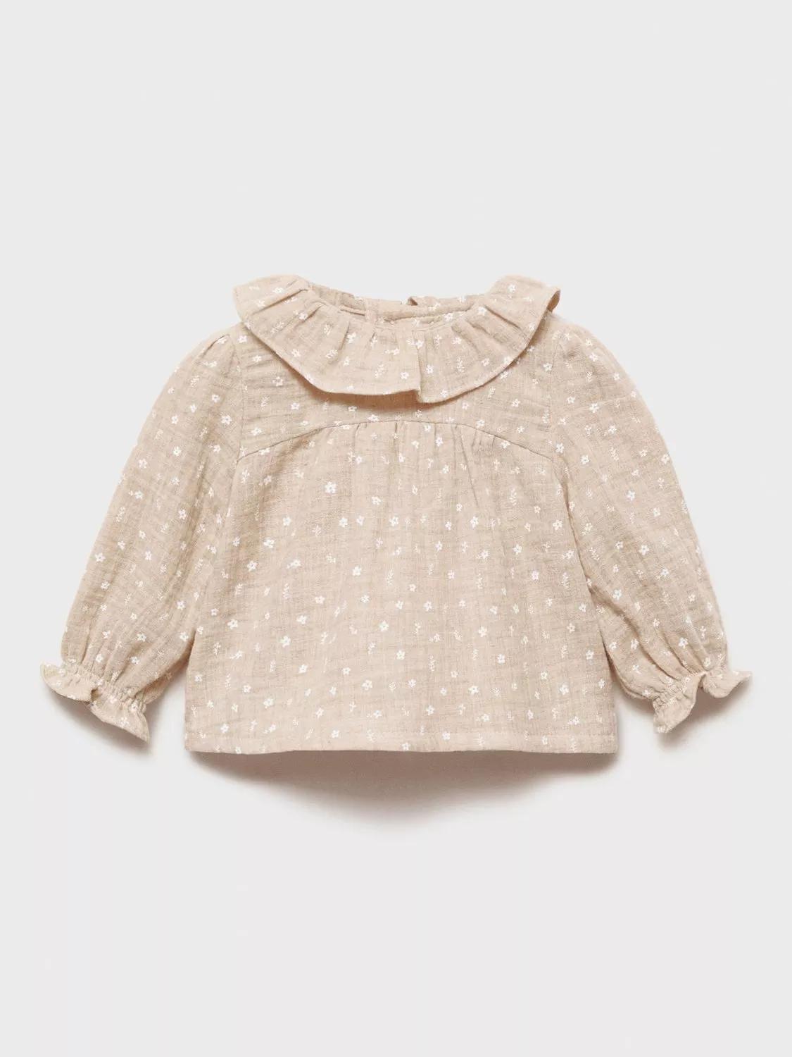 MANGO Spotty Ruffle Cotton Blouse in Pastel Brown | endource