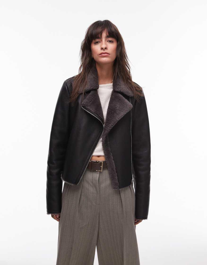 MANGO Shearling Aviator Jacket in BLACK | endource