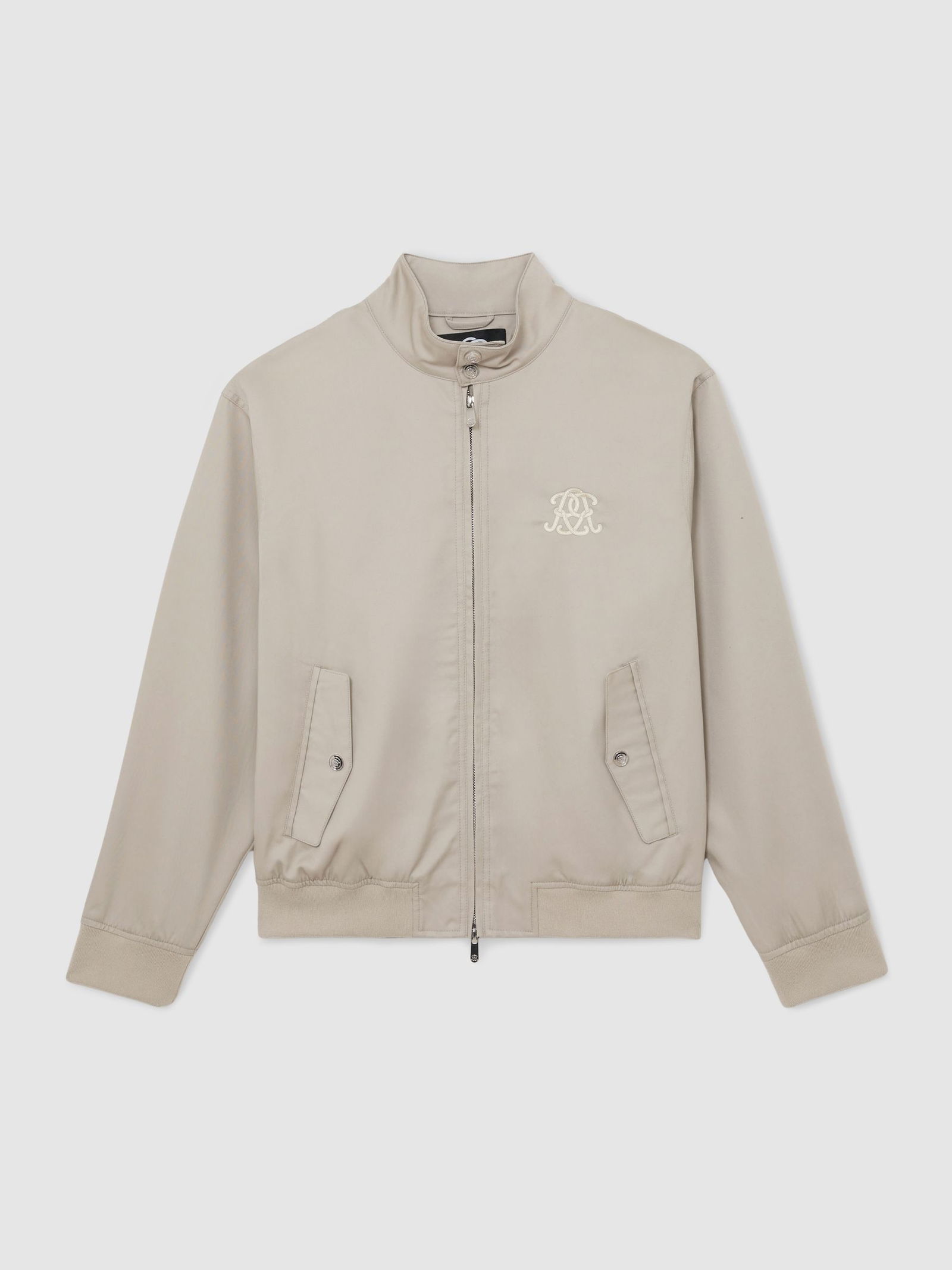 REISS Monogram Embroidered Harrington Jacket In Light Stone | endource