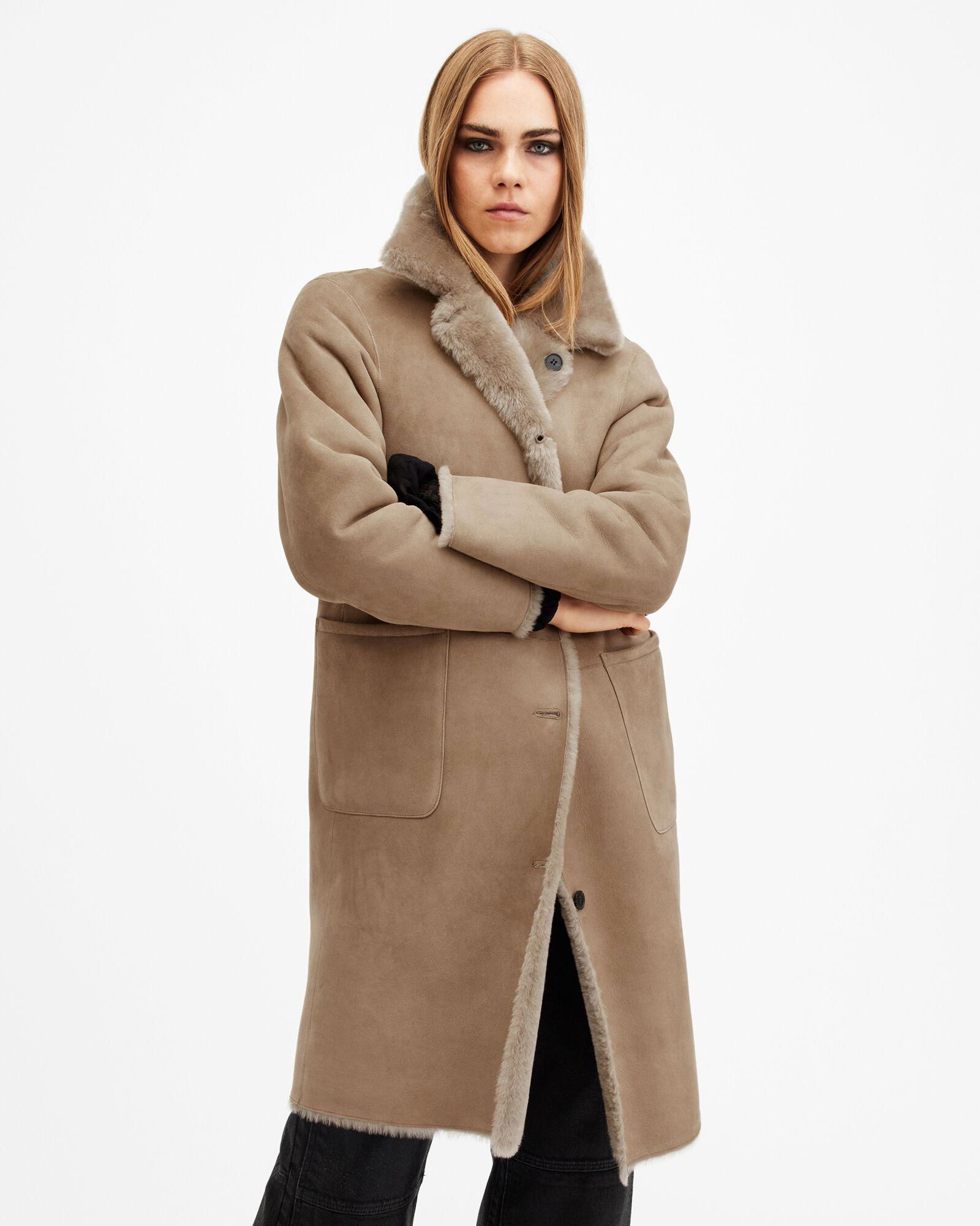 ALLSAINTS Serra 2-In-1 Reversible Shearling Coat in Taupe Brown | endource