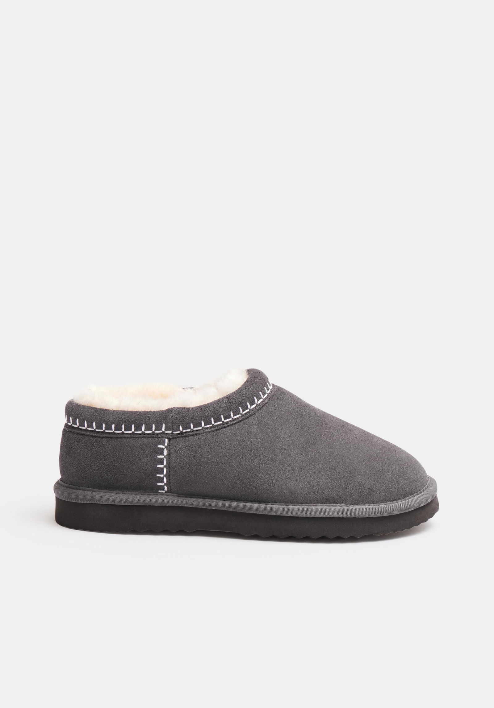 HUSH Padded Collar Sheepskin Snug Slippers in Grey | endource