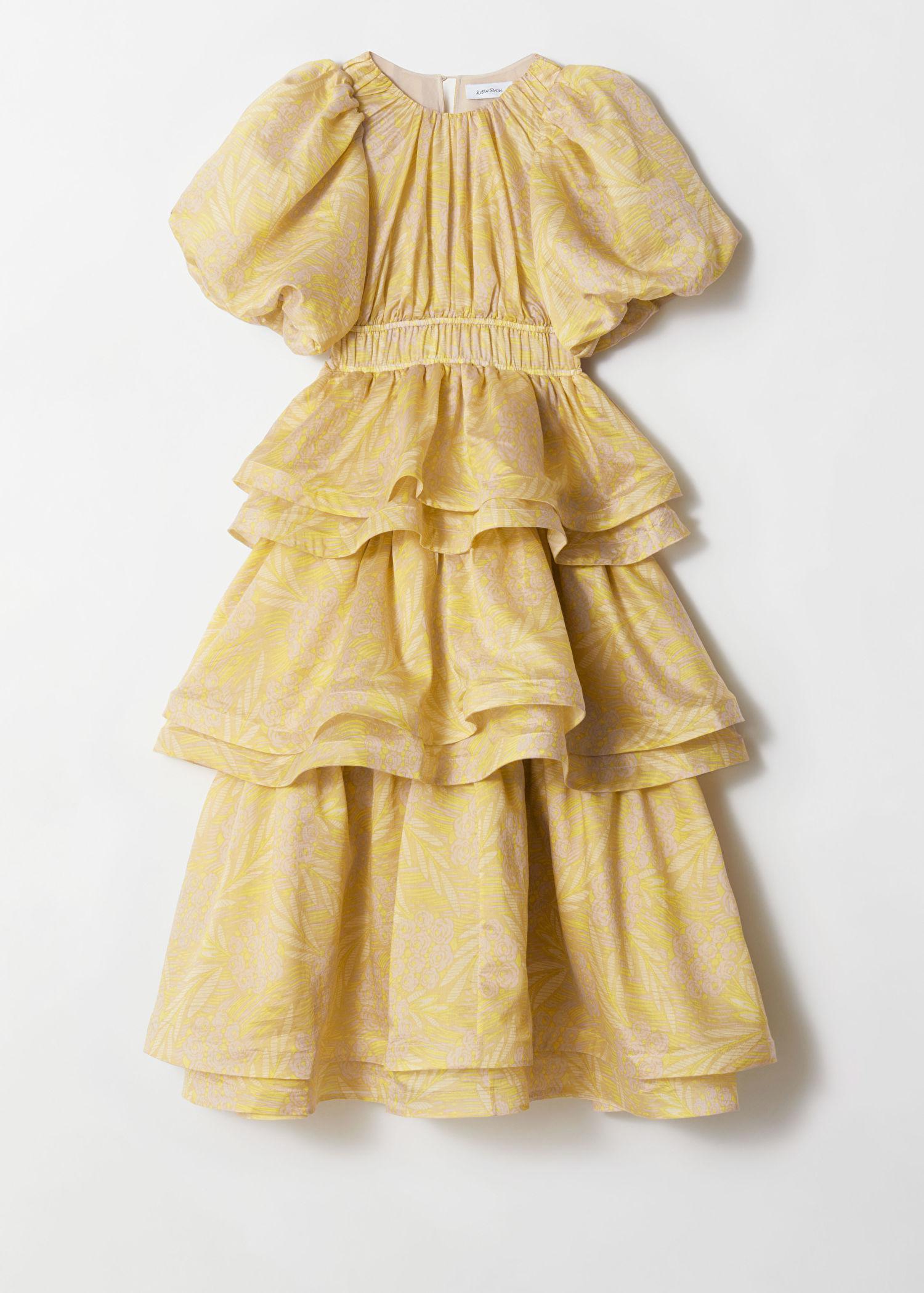 & OTHER STORIES Tiered Puff-Sleeve Maxi Dress in Yellow jacquard | endource