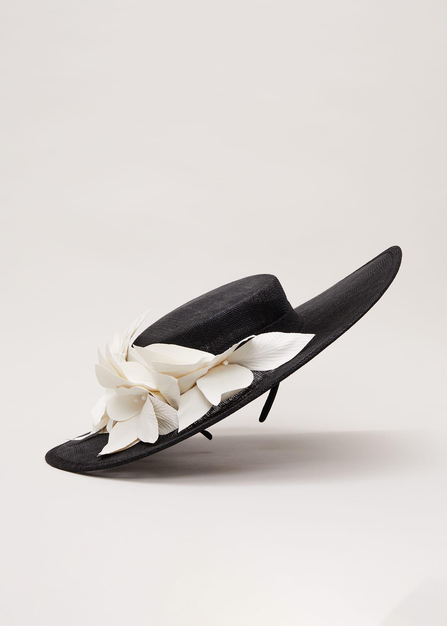 PHASE EIGHT 3D Flower Statement Boater Fascinator in Black/Ivory | endource