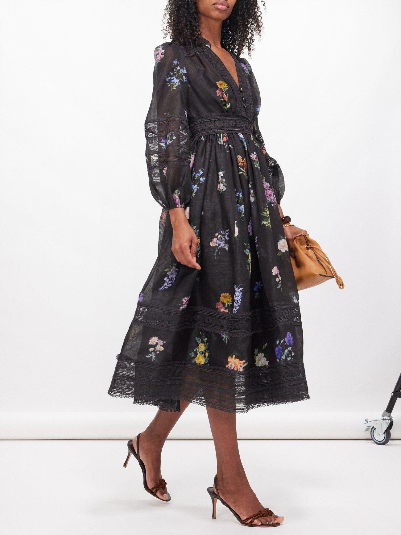 ZIMMERMANN Lace-Insert Floral-Print Linen-Blend Dress in Black | endource