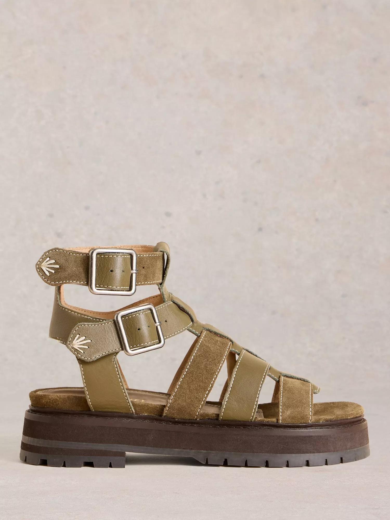 WHITE STUFF Alexa Suede Strappy Platform Sandals in Khaki | endource